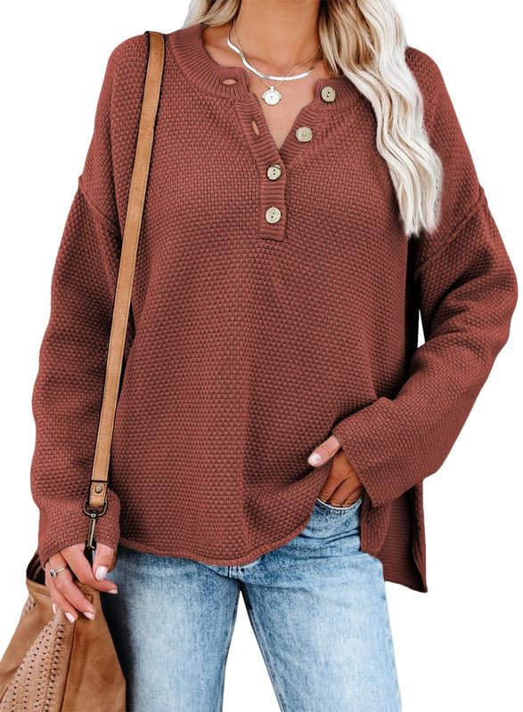 SHEWIN Womens Waffle Knit V Neck Long Sleeve Oversized Sweaters for Women Trendy 2023,(US 16-18) XL,Red