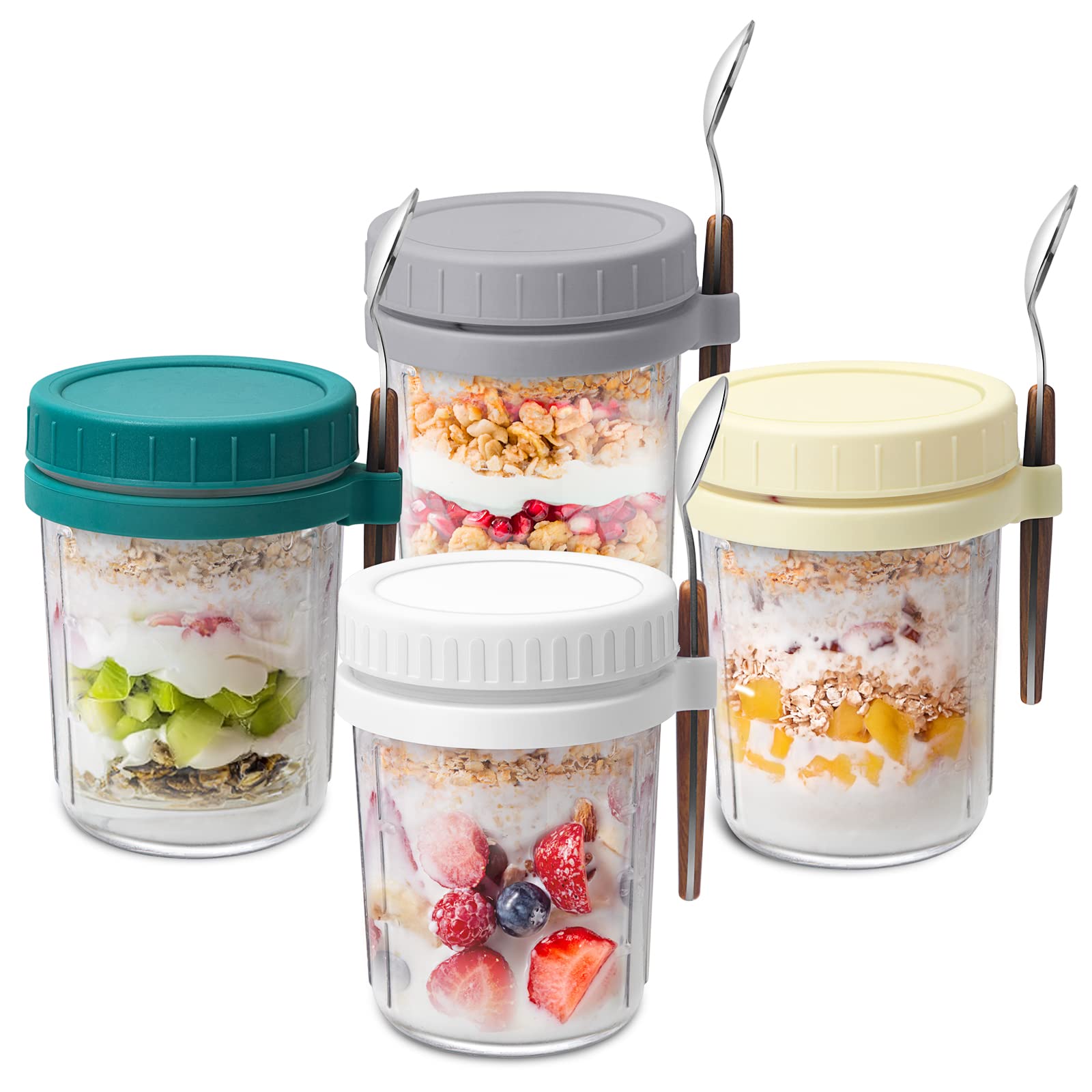 Wdcme 4 Pack Overnight Oats Containers with Lids and Spoons, 12 oz Glass Overnight Oats Jars, XZ02