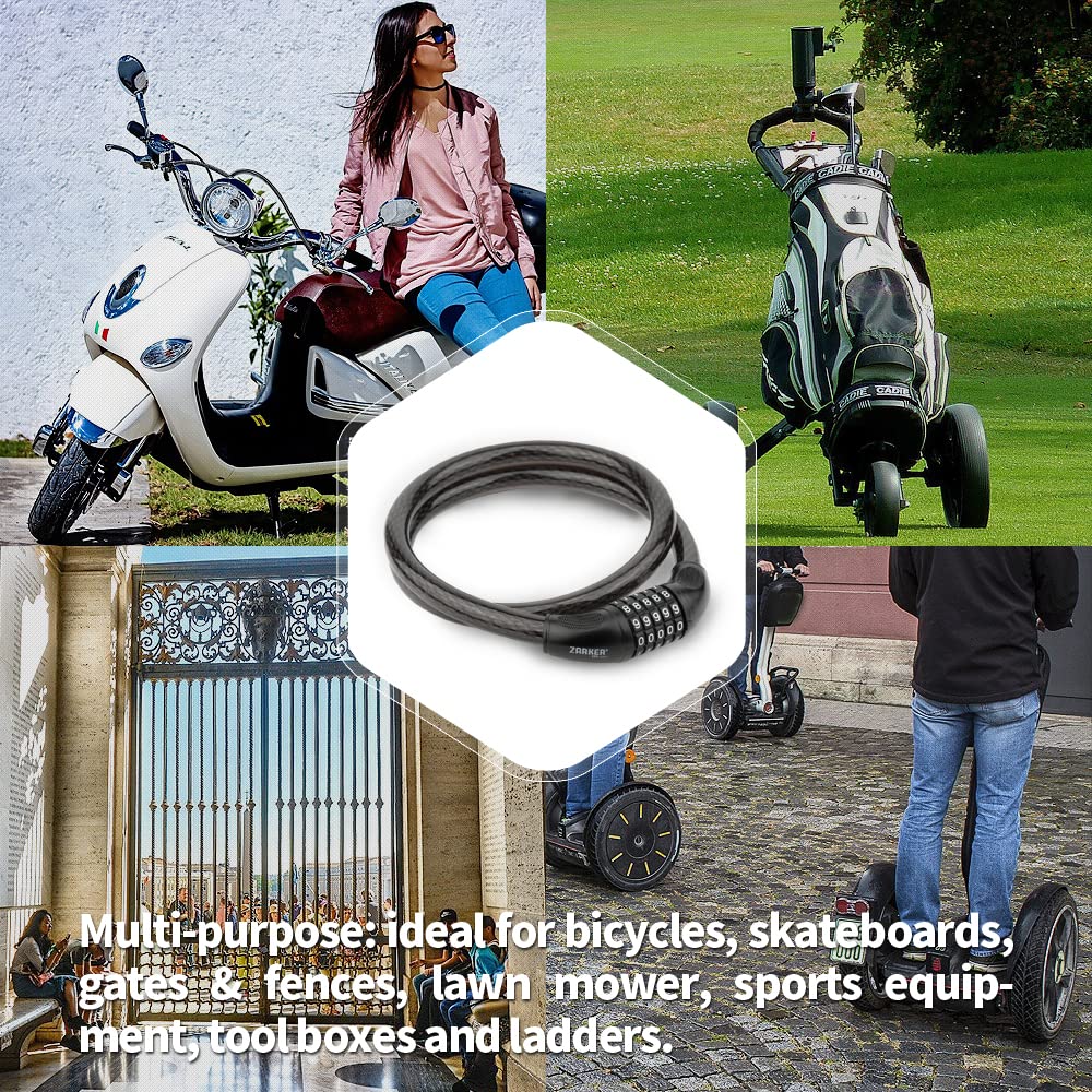 Zarker MN Bike Lock - 4 Feet High Security 5 Digit Resettable Combination Coiling Bike Cable Lock, 1.2m x 20mm