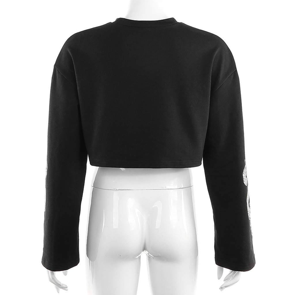 Women's Crop Sweatshirt Punk Goth Dragon Print Buckle Suspender Cropped Top Blouse Pullover Casual Outerwear (Black, L)