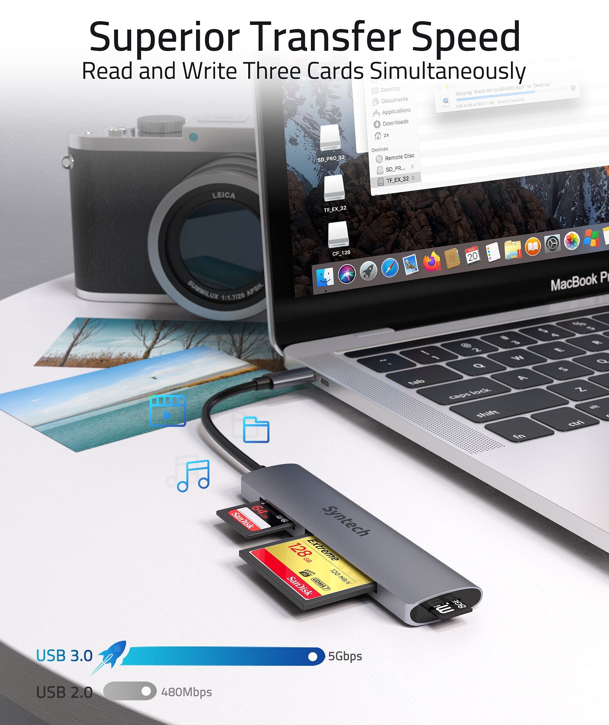 USB C Card Reader, Syntech 3- in-1 Thunderbolt 3 Memory Card Reader Hub for CF, SD/SDHC, TF/Micro SD Compatible with MacBook Pro,iPad Pro 2020, iPad Air 4, Galaxy S20/S10 and More, Space Grey