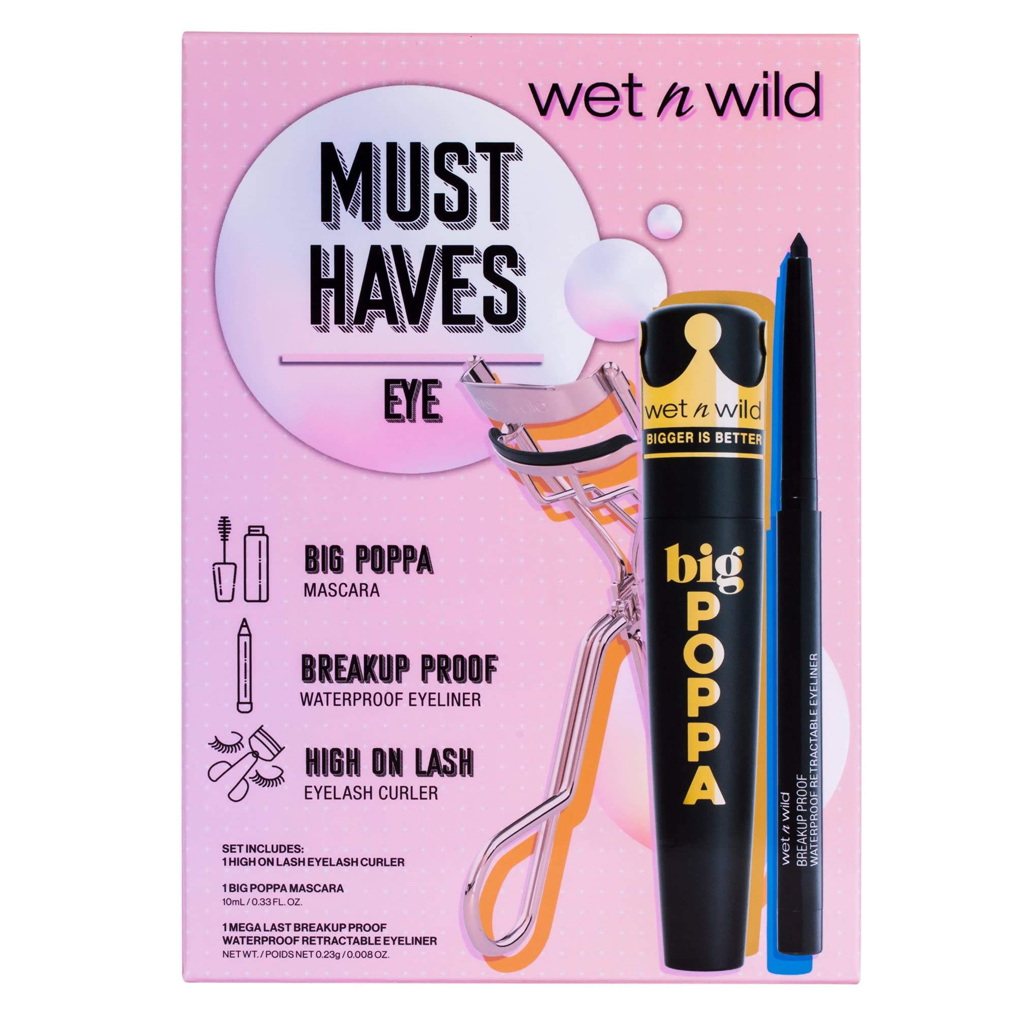 wet n wild Must-Have Eye Kit, Big Poppa Mascara, Eyelash Curler, Retractable Waterproof Eyeliner, Blackest Black (1180439)
