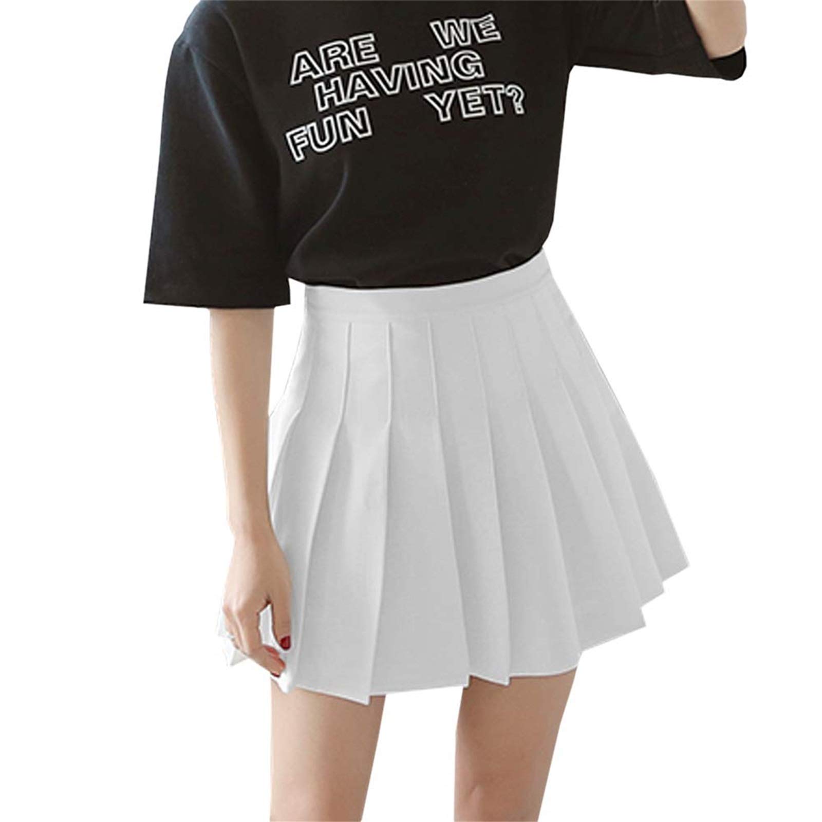 Women's High Waisted Pleated Skater A-line Short Mini Skirt Tennis School Skirt Uniform with Lining Shorts (White, M)