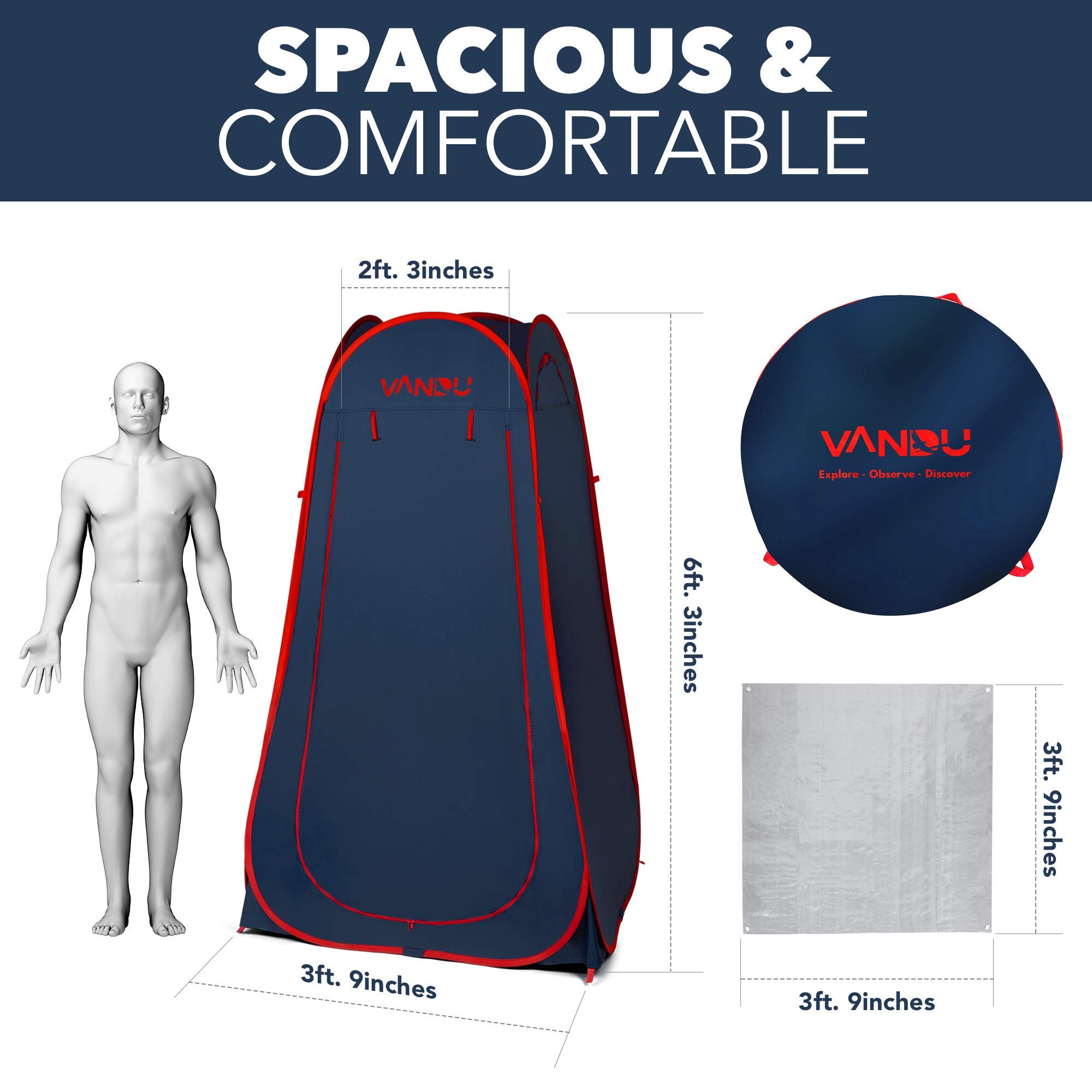 VANDU Pop Up Waterproof Portable Bathroom Tent with Bonus Shower Bag, Ideal for Camping and Beach, Roomy Interior, Easy Setup, UV Protection