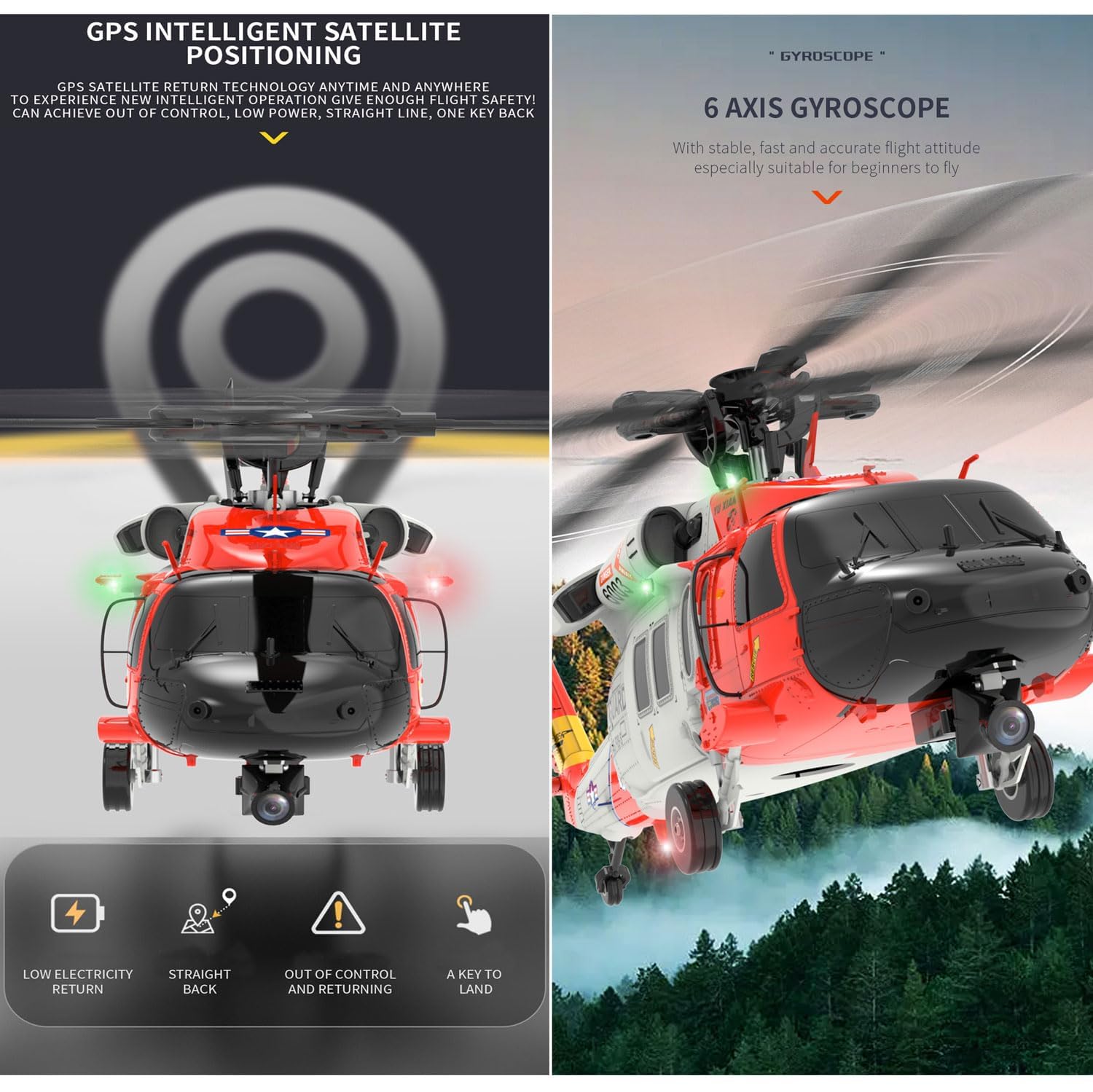 QIYHBVR RC Helicopter Model 6CH 3D American Coast Guard UH-60 Scale RC Helicopter RTF W/GPS Intelligent Control System&Camera, 2.4G Remote Control,1/47 Scale RTF Edition
