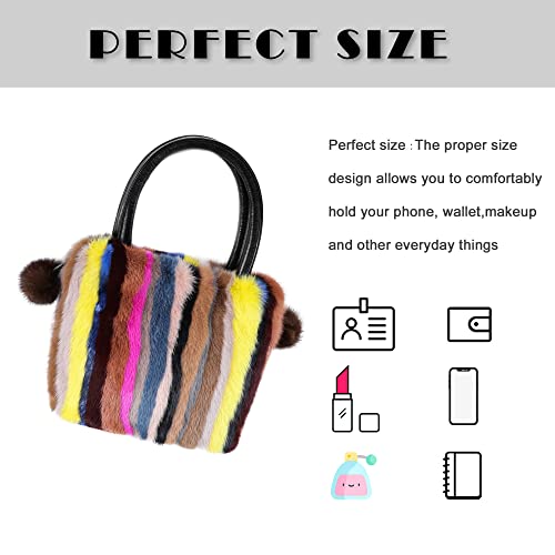 Women's Mink Fur Handbag Tote Furry Top Handle Bag Satchel Purses Multicolor(Multicoloured Bright)