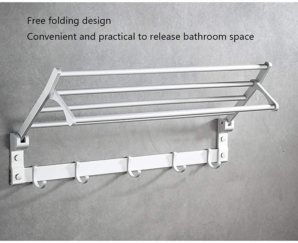 RAUGAJ Towel Rack Towel Rails Wall Bathroom Stand Towel Bar Aluminum Towel Rack Foldable Towel Holder Mounted Storage Shelf with 5 Movable Hooks Bathroom Towel Shelf/50Cm