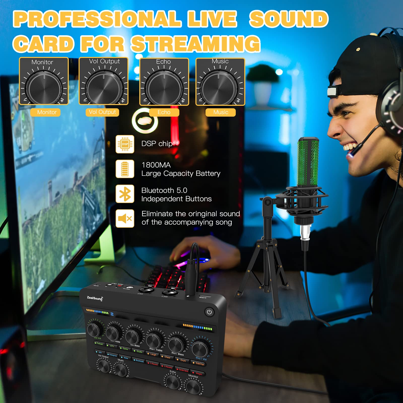 ZealSound Podcast Equipment Bundle,48V Phantom Power,Audio Interface with DJ Mixer and Live Sound Card Kit,ALL-IN-ONE Podcast Equipment Bundle Sound Board with XLR Microphone for Computer Smartphone