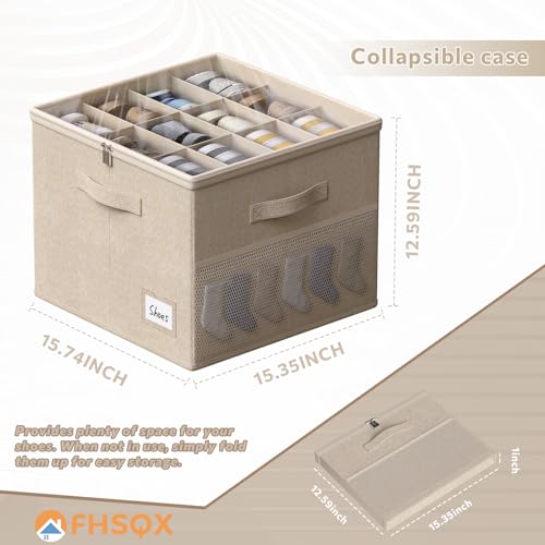 Shoe Organizer for Closet with Fabric Shoe Storage Bins - Clear Cover, Adjustable Dividers, and Foldable Bottom Support for 12 Pairs in Clear Storage Containers (Beige, (15.7 * 15.4 * 12.6) x1)