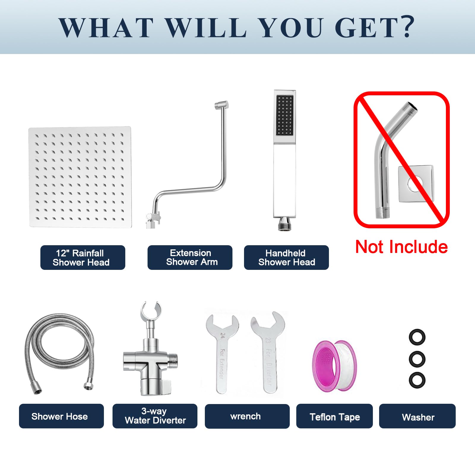 Psylc 12 Inch (All Metal) Rain/Rainfall Shower Head With Handheld Spray, High-Pressure Dual Shower Head Combo With Adjustable Extension Arm, 3-Way Diverter - Height/Angle Adjustable(Polished Chrome)