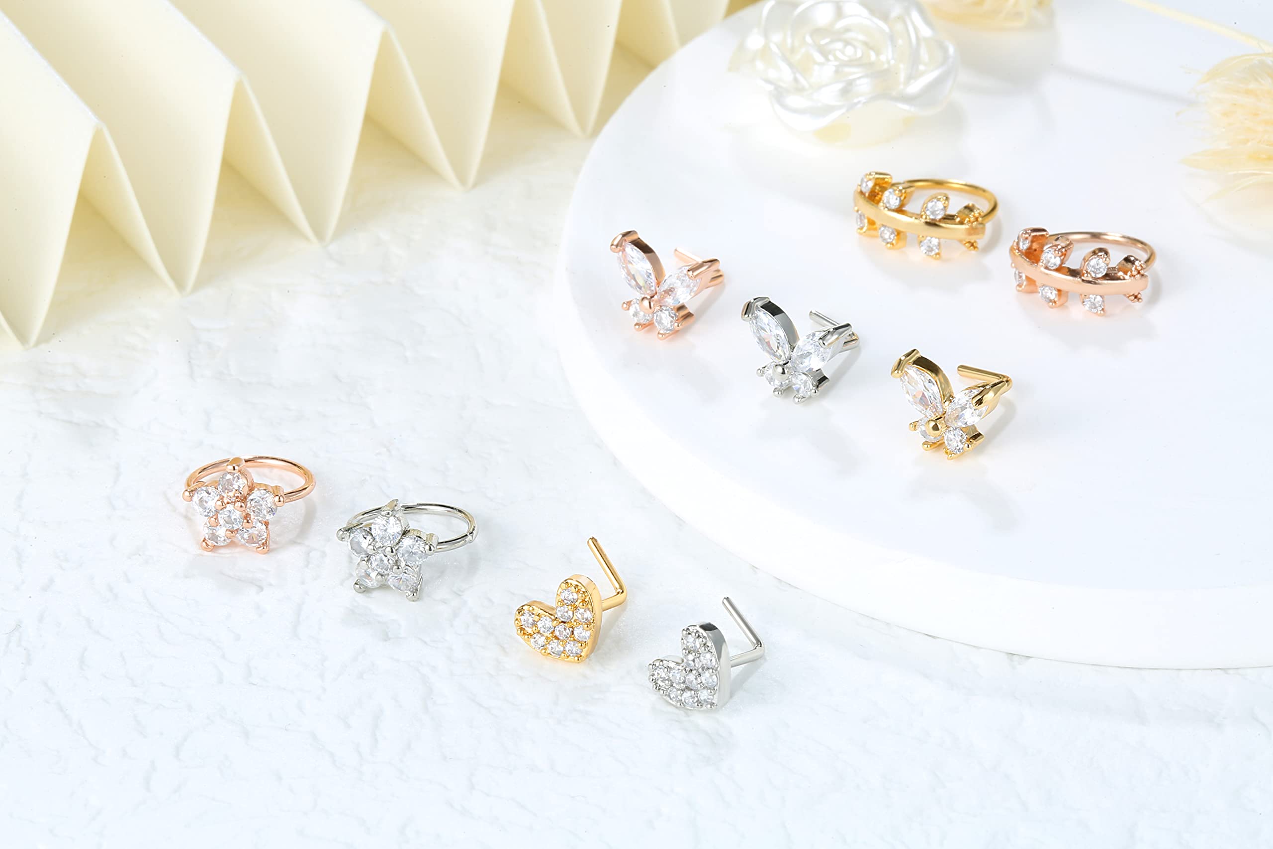 Zankulas Nose Piercings Jewelry Studs Flower Nose Ring L Shaped with Heart Butterfly Elements 20G Gold, Green