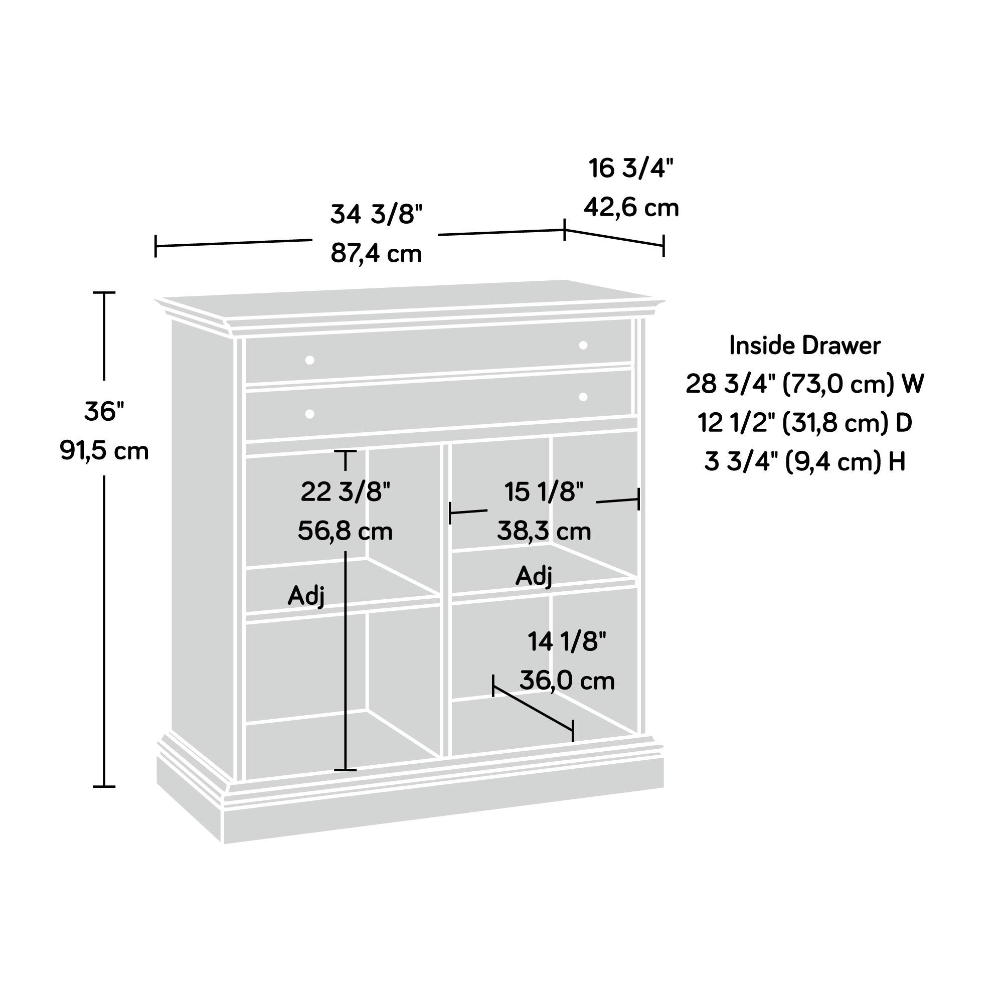 Sauder Barrister Lane Storage, L: 34.41" x W: 16.77" x H: 36.02", Salt Oak Finish