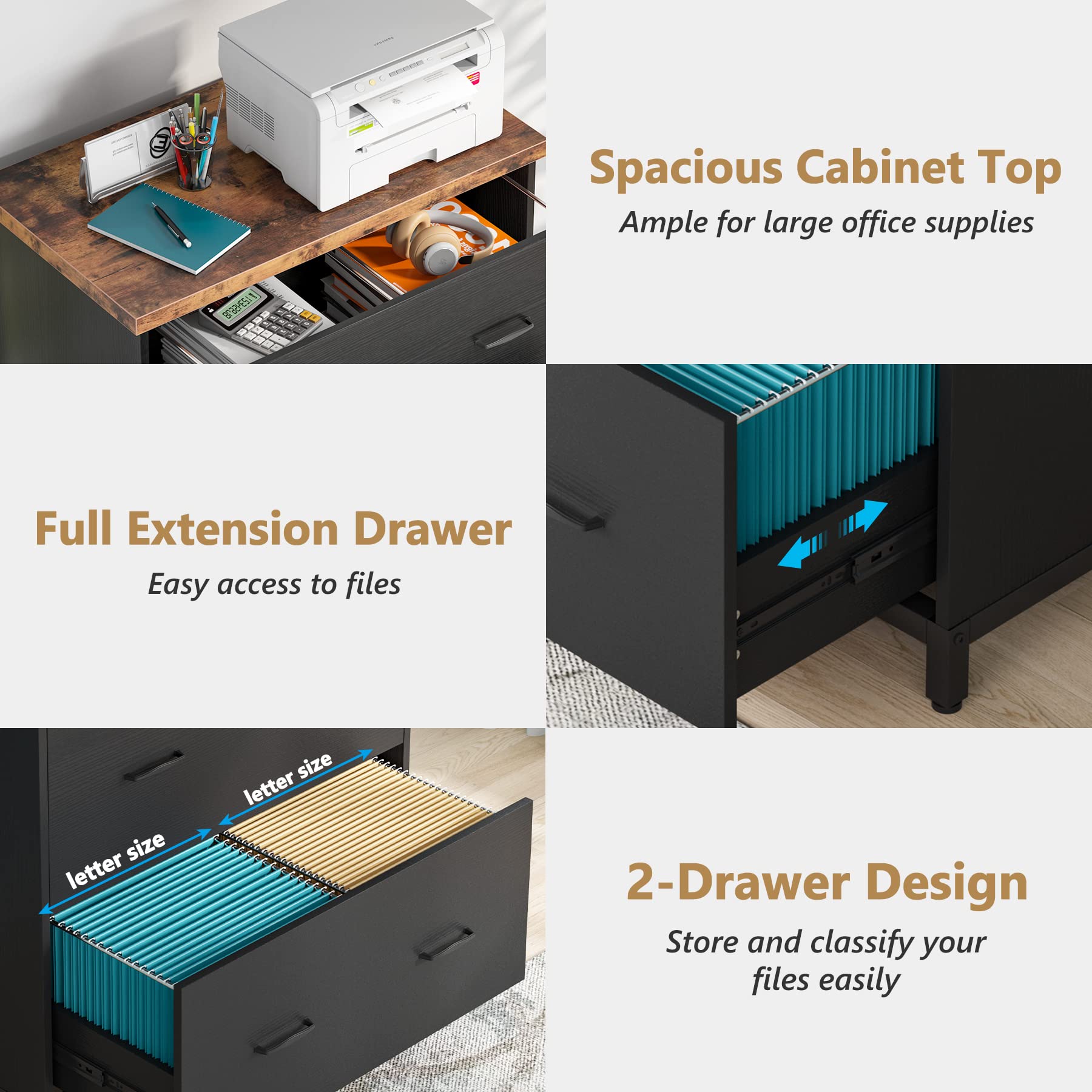 Tribesigns 2-Drawer File Cabinet, Wood Lateral Filing Cabinet, Home Office File Cabinet for A4, Letter Size, Rustic Brown & Black