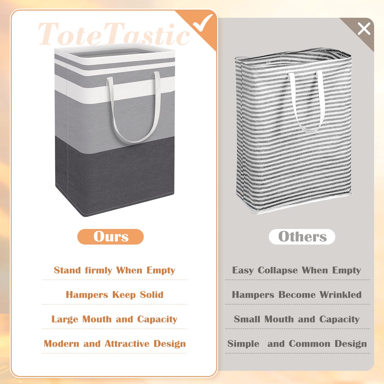 ToteTastic 3-Pack Laundry Basket, Freestanding&Waterproof Laundry Hamper, Collapsible Tall Clothes Hamper with Easy Carry Handles for Clothes, Towels&Toys in the Family and Dorm,Gradient Grey,75L