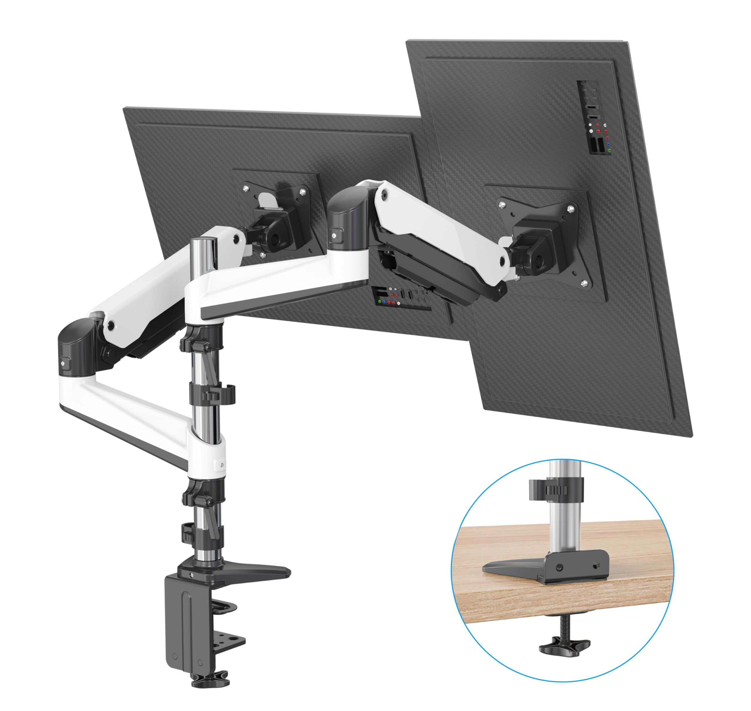 SHOPPINGALL Fully Adjustable Dual Gas Spring LCD Monitor Mount Stand with 2 Arm for 15”-32” Monitors, Clamp and Grommet Mounting Options in The Box, 6 ft HDMI Cable included - SA-GA24-White