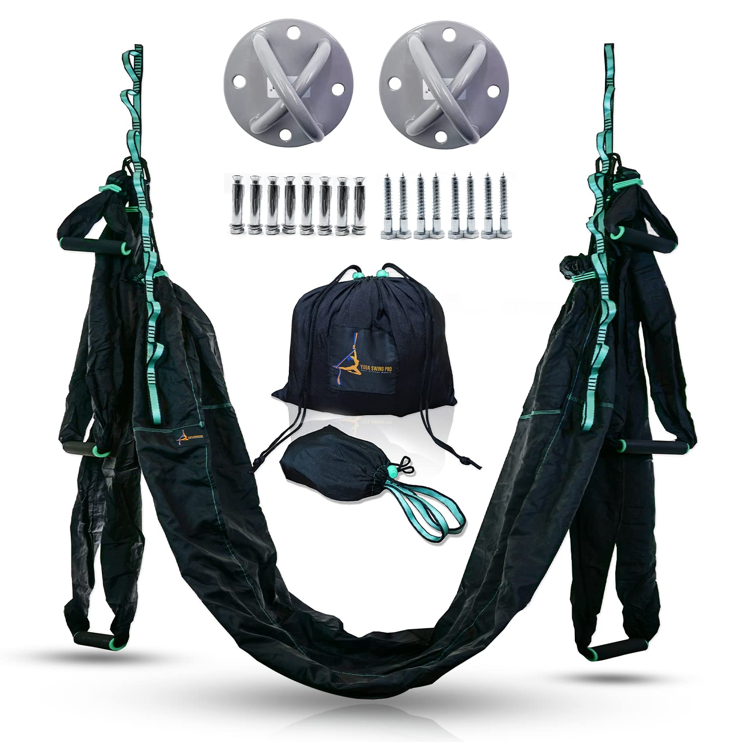 YOGA SWING PRO Premium Aerial Hammock Anti Gravity Yoga Swing Kit with Pack of 2 Heavy Duty Ceiling Hooks - Acrobat Flying Sling Set for Indoor and Outdoor Inversion Therapy