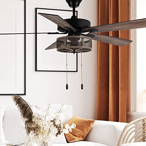 RIVER OF GOODS 52 Inch LED Modern Farmhouse Ceiling Fan with Light - Rustic Ceiling Fans with Lights - Elegant Industrial Fan with Mesh Metal Caged Shade - Brown