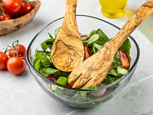SOLTAKO Handmade Salad Serving Spoons - Olive Wooden Salad Server - Fork - Cooking Spoon - Kitchen Utensil Set - Made of Fancy Olive Wood - Salad Spoon and Fork Set - Kitchen Gadgets - 12"