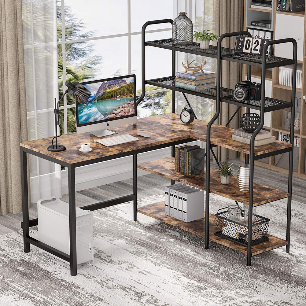 Tribesigns Computer Desk with 5-Tier Bookshelf, 53 inch L Shaped Desk with Hutch 10 Storage Shelves Study Writing Workstation with Metal Mesh for Home Office Use (Rustic Brown)