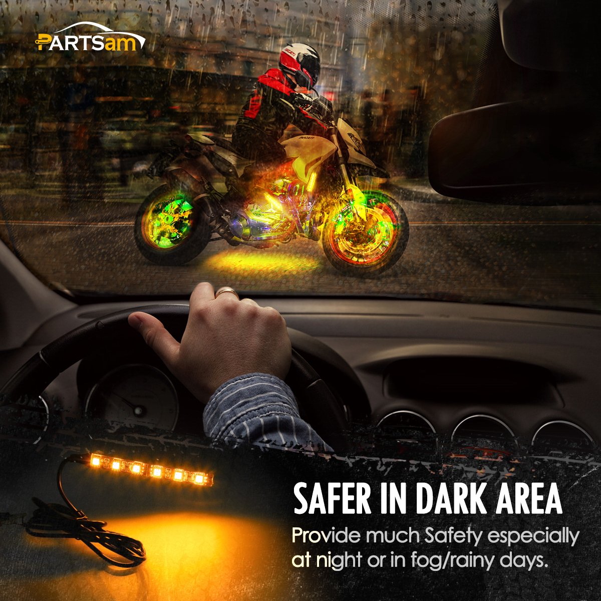 Partsam 4'' Amber Flexible Motorcycle LED Turn Signal Tail Third Brake Lights Bar Strip, IP68 Waterproof Universal Motorcycle LED Tail Brake Running Light Bar for Motorcycle Trailer ATV, 2Pack