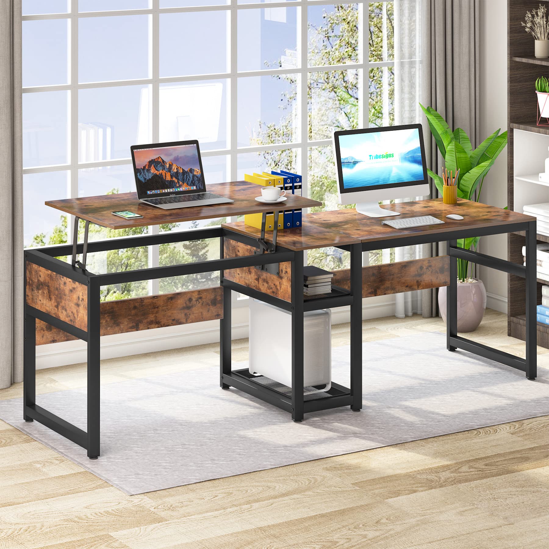 Tribesigns Lift Top Computer Desk, 78.8 inch Height Adjustable Double Home Office Desk Dual Writing Table Workstation with Storage Shelves