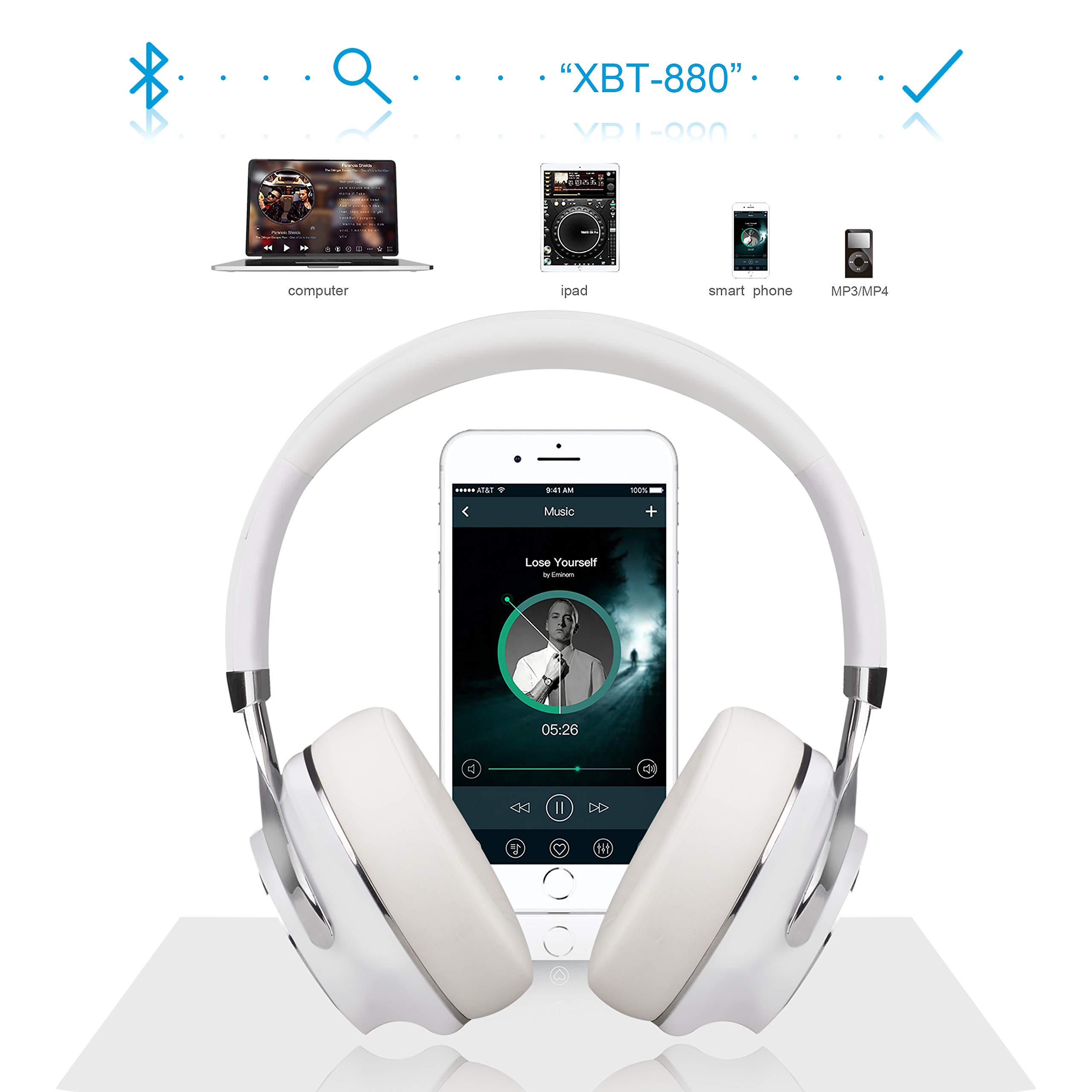 Riwbox Over Ear Headphones Wireless Bluetooth, 90H Playtime XBT-880 Wireless Bluetooth Headphones with Mic and Vol. Control, Wireless and Wired Foldable Headset for Tablet/PC/Phones/TV (White&Blue)