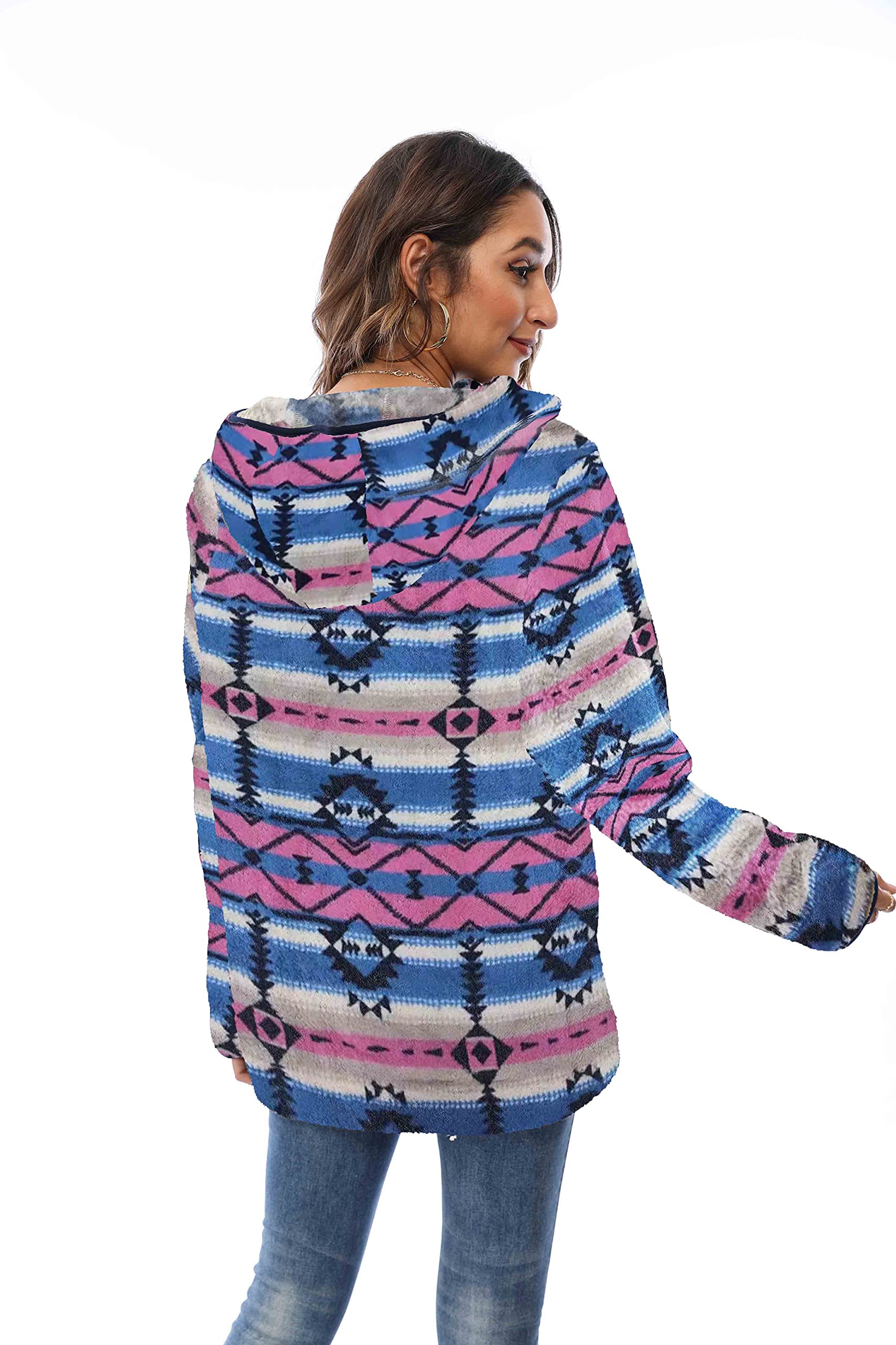 Voopptaw Aztec Sweaters for Women Casual Fuzzy Pullover Long Sleeves Zipper Sweatshirt Winter Loose Fit Coat with Pockets Pink S