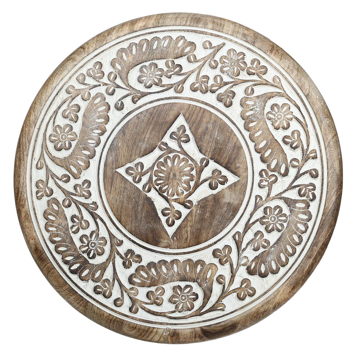 SAVON Small Rustic Wood Table Round White Side end Carved Indian Coffee Accent