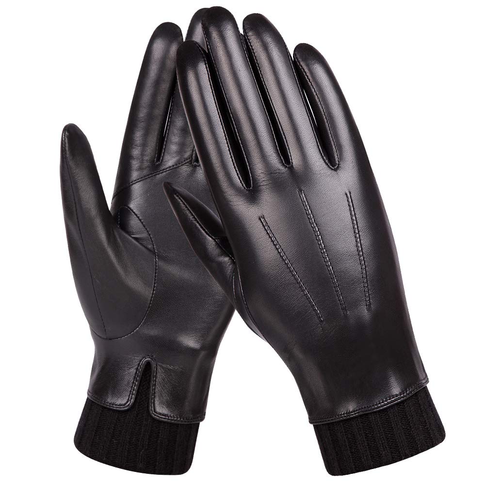 Winter Leather Gloves for Women - Warm Touchscreen Cashmere/wool Blend Lining Driving Windproof (8 (X-Large), Black)