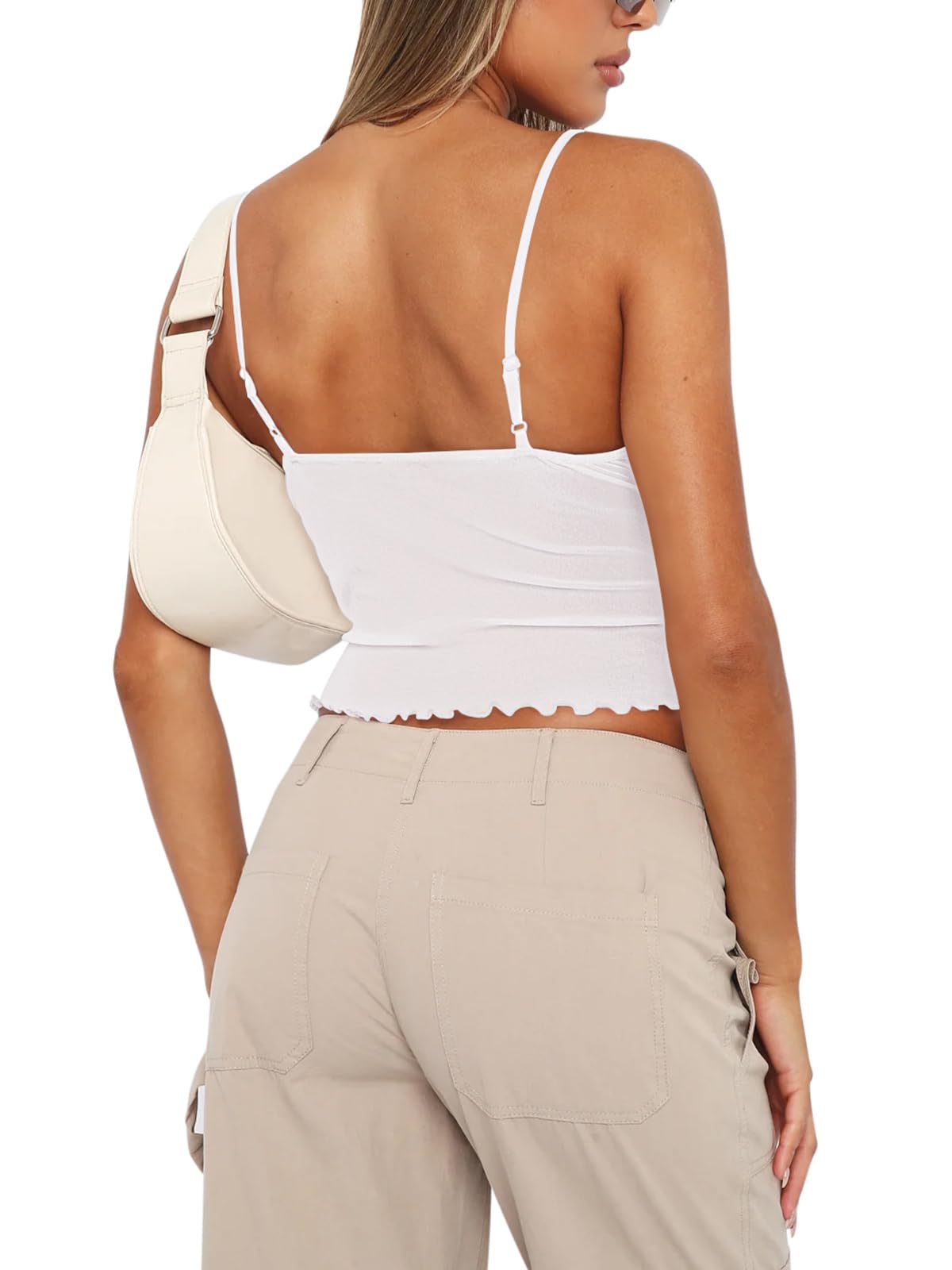REORIA Women's Summer Sexy V Neck Sleeveless Adjustable Spaghetti Strap Sheer Mesh See Through Going Out Trendy Cami Camisole Y2k Crop Tops White X-Small
