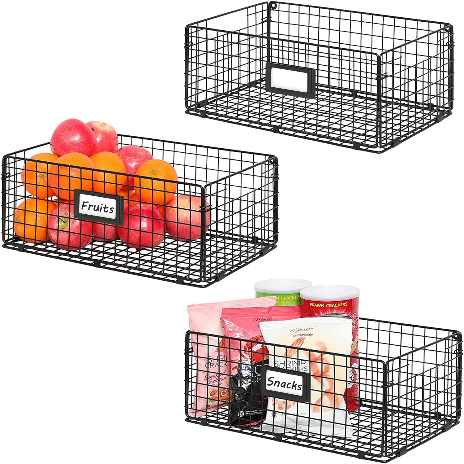 X-cosrack Foldable Cabinet Wall Mount Metal Wire Basket Organizer Pantry Basket with Handles - 3 Pack -16" x 9 1/2" X 6", Food Storage Mesh Bin for Kitchen Bathroom Laundry Closet Garage Patent Design