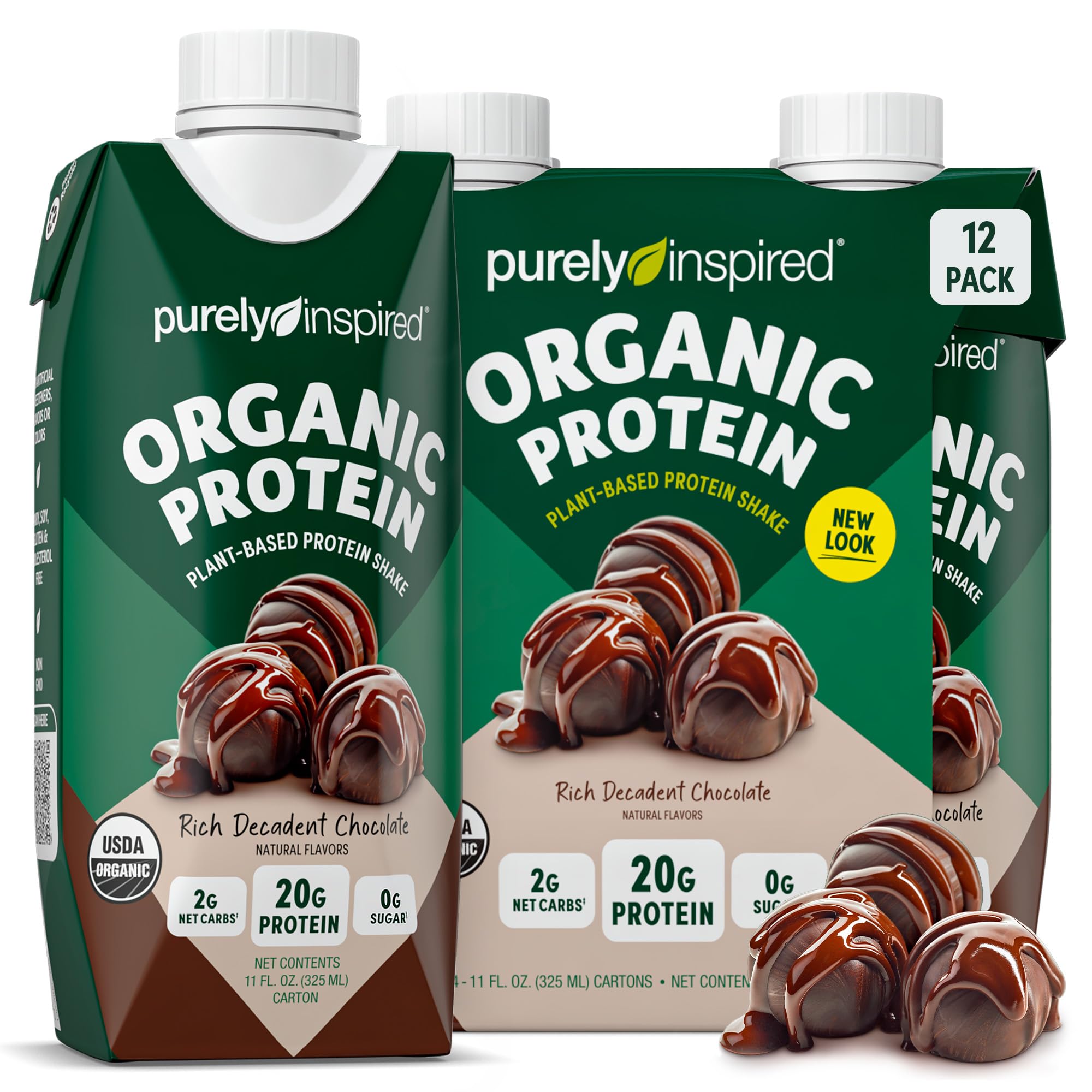 Purely Inspired Ready to Drink Organic Protein Shake, Decadent Chocolate (12 Pack) - Plant-Based RTD Nutritional Protein Drinks - Zero-Sugar & Gluten-Free Meal Replacement Drink Liquid Protein
