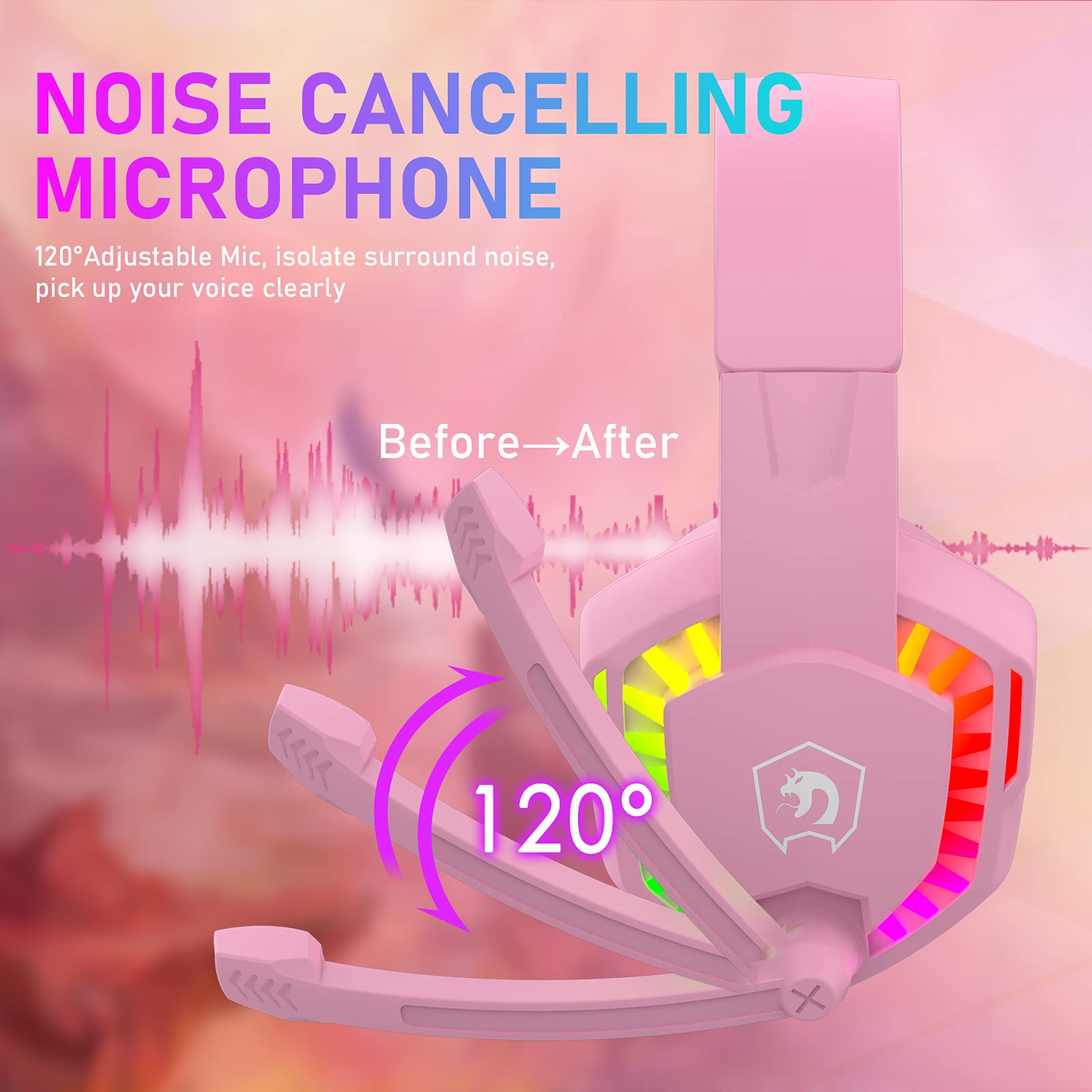Wired Gaming Headset with Rainbow RGB Backlight Retractable Noise Isolating Microphone Stereo Sound Deep Bass Memory Foam Earmuff Over Ear Headphone for PS4 Xbox One Switch PC Mac Gamer Music (Pink)