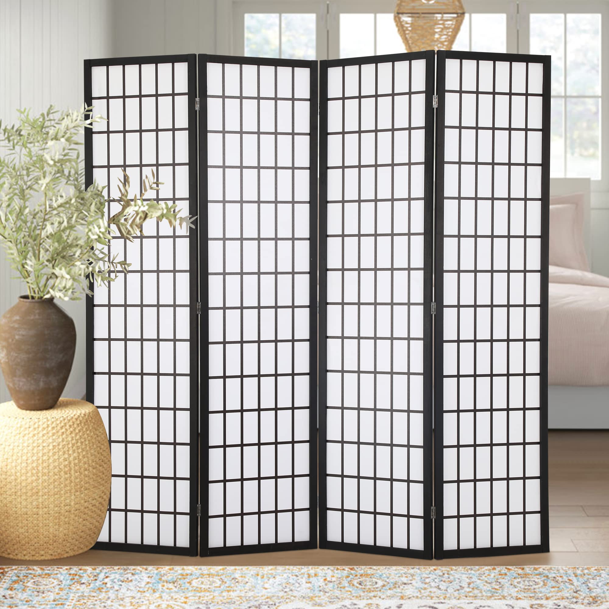 Room Divider Panel, 4 Panel Partitions and Dividers Freestanding, 6FT Room Dividers and Folding Privacy Screens, Room Divider Screen, Plum Blossom Shoji Screen for Home Office Bedroom, White