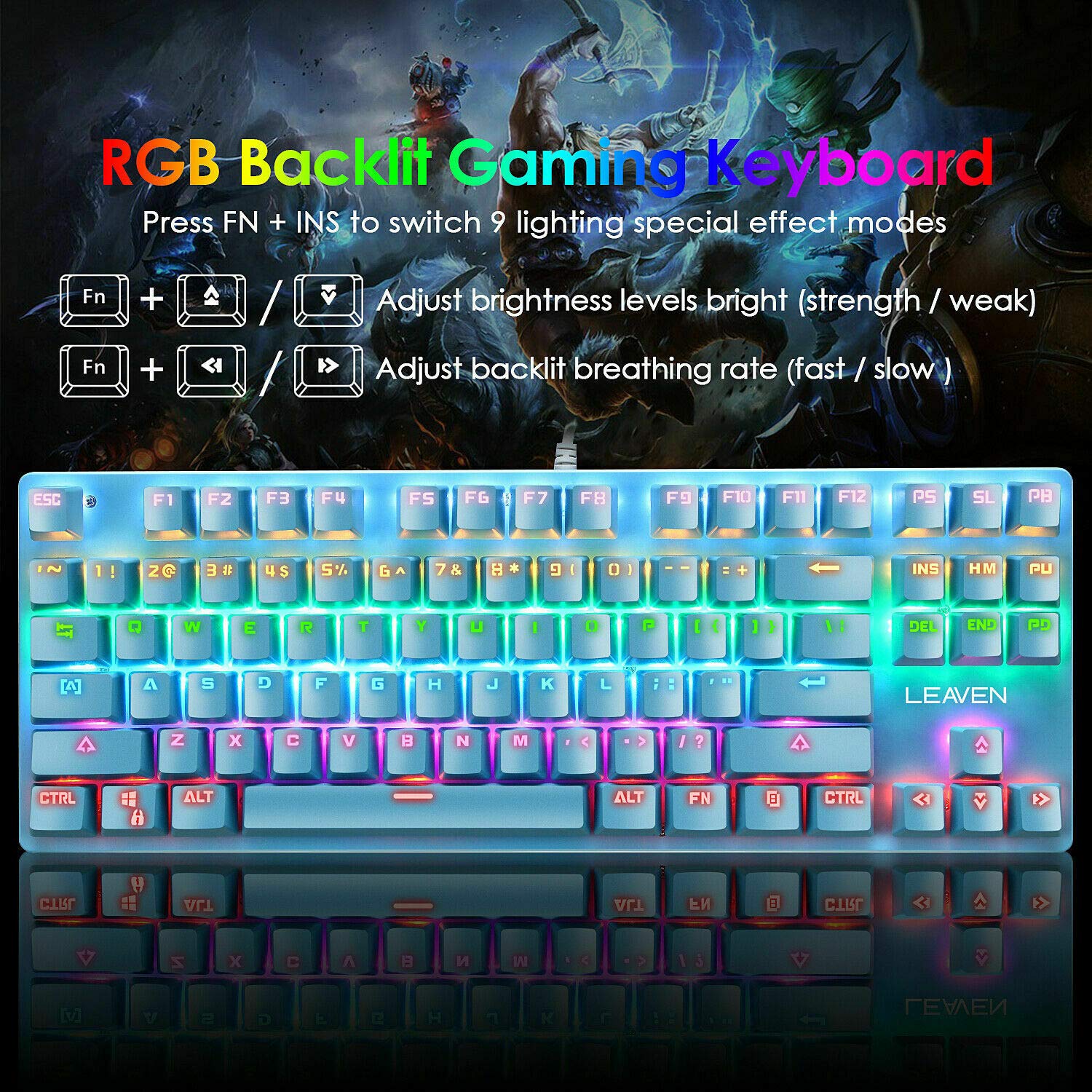 Wired Gaming Keyboard and Sets 87 Keys Rainbow Backlit Mechanical Keyboard,RGB Backlit 6400 DPI Light Weight Gaming Mouse, Mouse Pad for PC Game (Blue)
