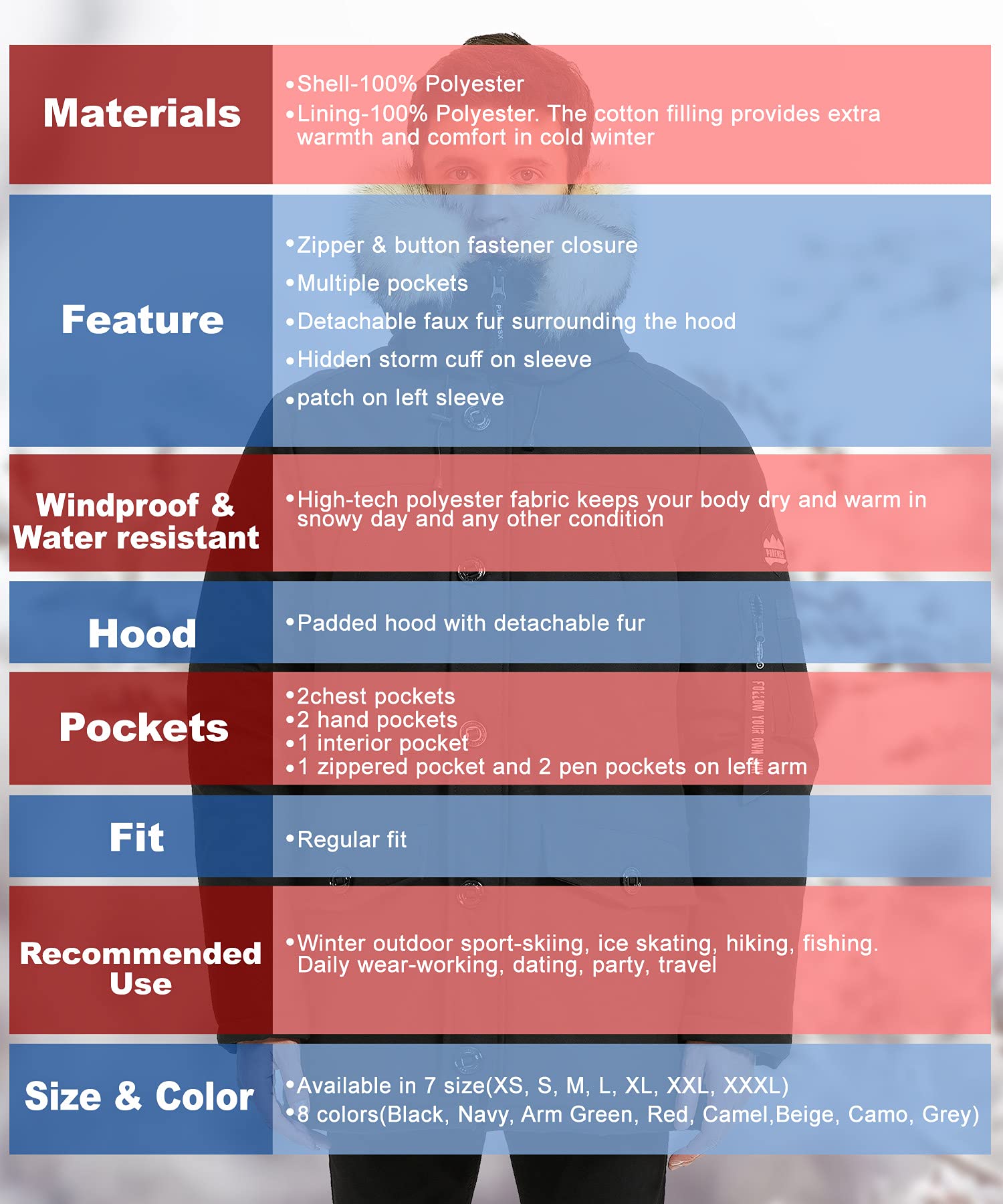PUREMSX Winter Parka for Men, Warm Thick Fur Hooded Long Padded Puffer Coat Spring Ski Travel Jacket Gift,Khaki,Large