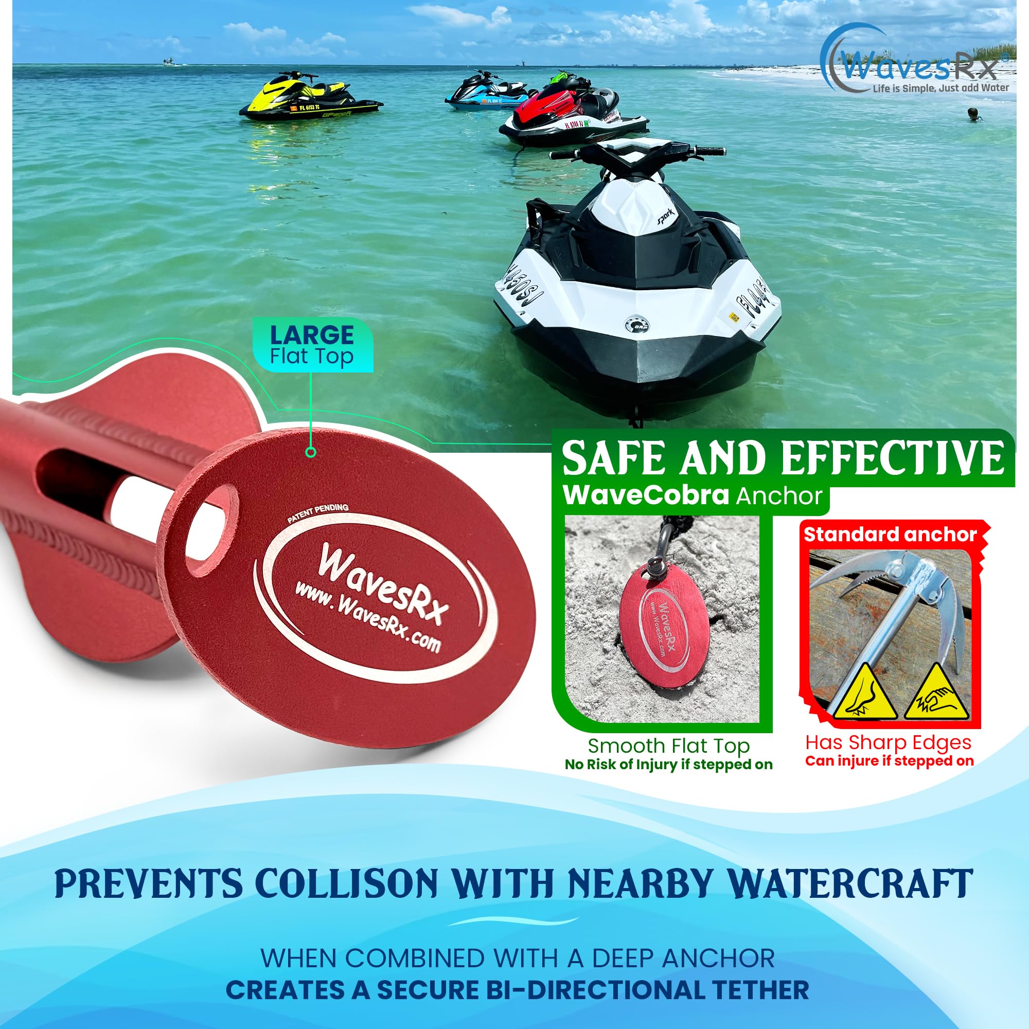 WAVESRX 12" Aluminum Sand Spike Beach Anchor - WaveCobra | Keeps Your Watercraft Securely Anchored Near Shore, Sandbar or in Shallow Water | Ultra Light Patent Pending Design for Jet Ski & Small PWC