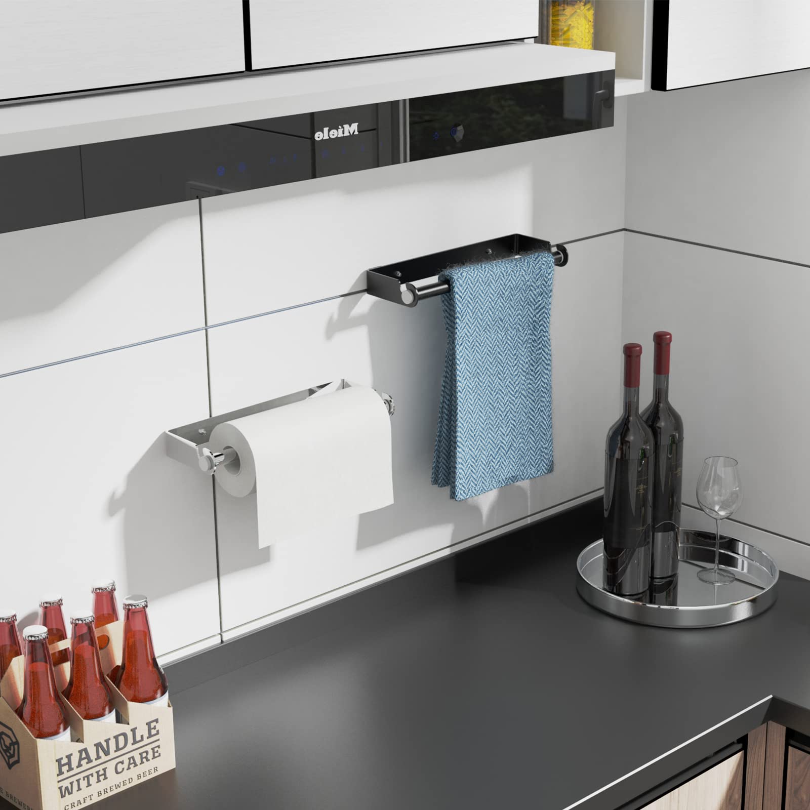 URALFA Under Cabinet Paper Towel Holder Wall Mount, Paper Towel Roll Holder Both Available in Adhesive and Screws, Paper Towel Rack for Kitchen, Bathroom, Pantry, Sink (Black)