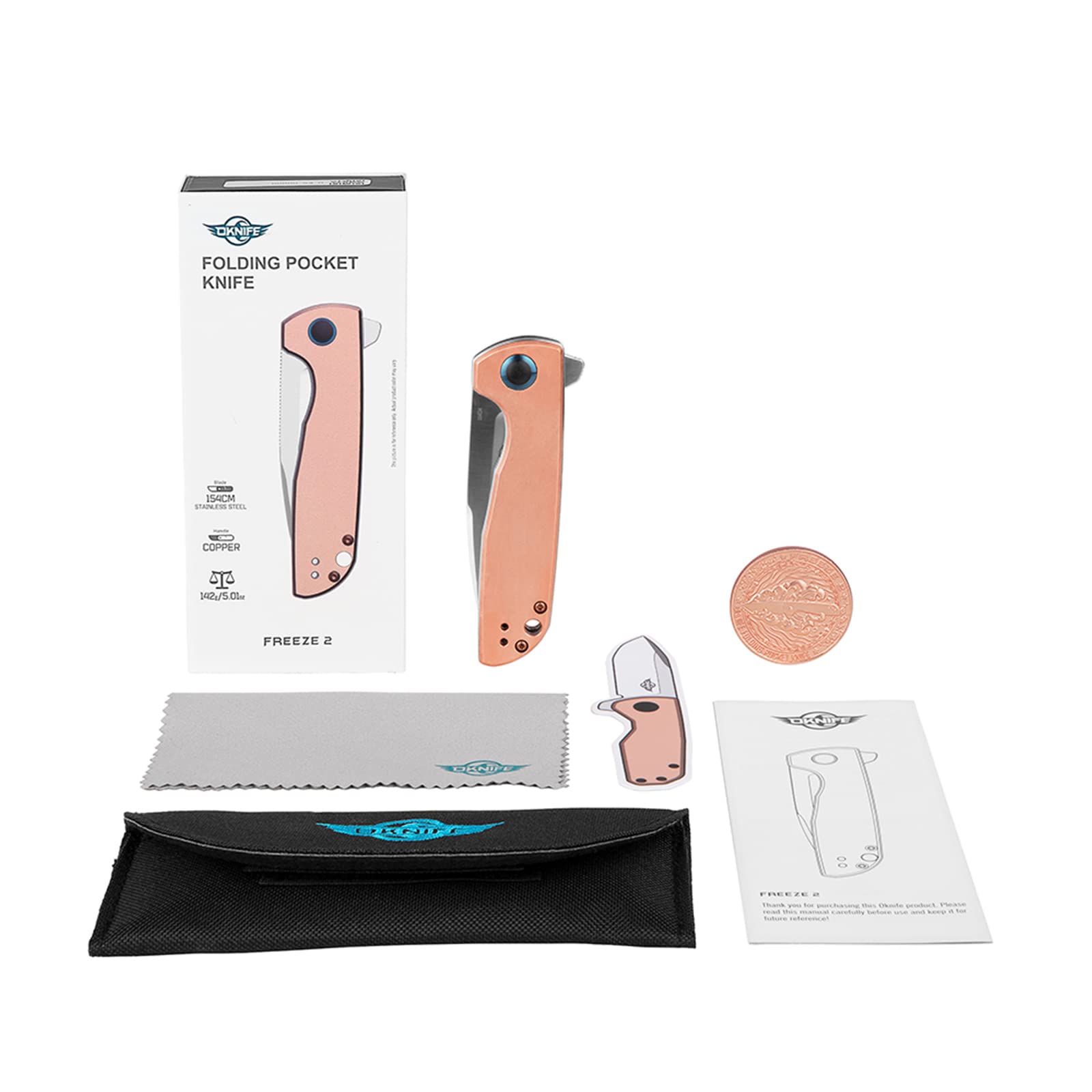 OKNIFE Freeze 2 Folding Knife, EDC Pocket Knife with Aluminium Handle, 154CM Steel Blade and Ceramic Ball Bearing Washer for Camping, Hiking