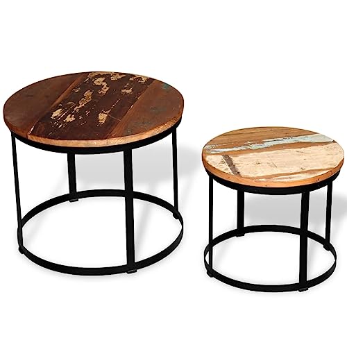 QJBSAVVA Two Piece Coffee Table Set Solid Reclaimed Wood Round 15.7"/19.7",Industrial Tables Floor Standing Table Cocktail Table Suitable for Meeting Rooms, Reception Rooms, Offices