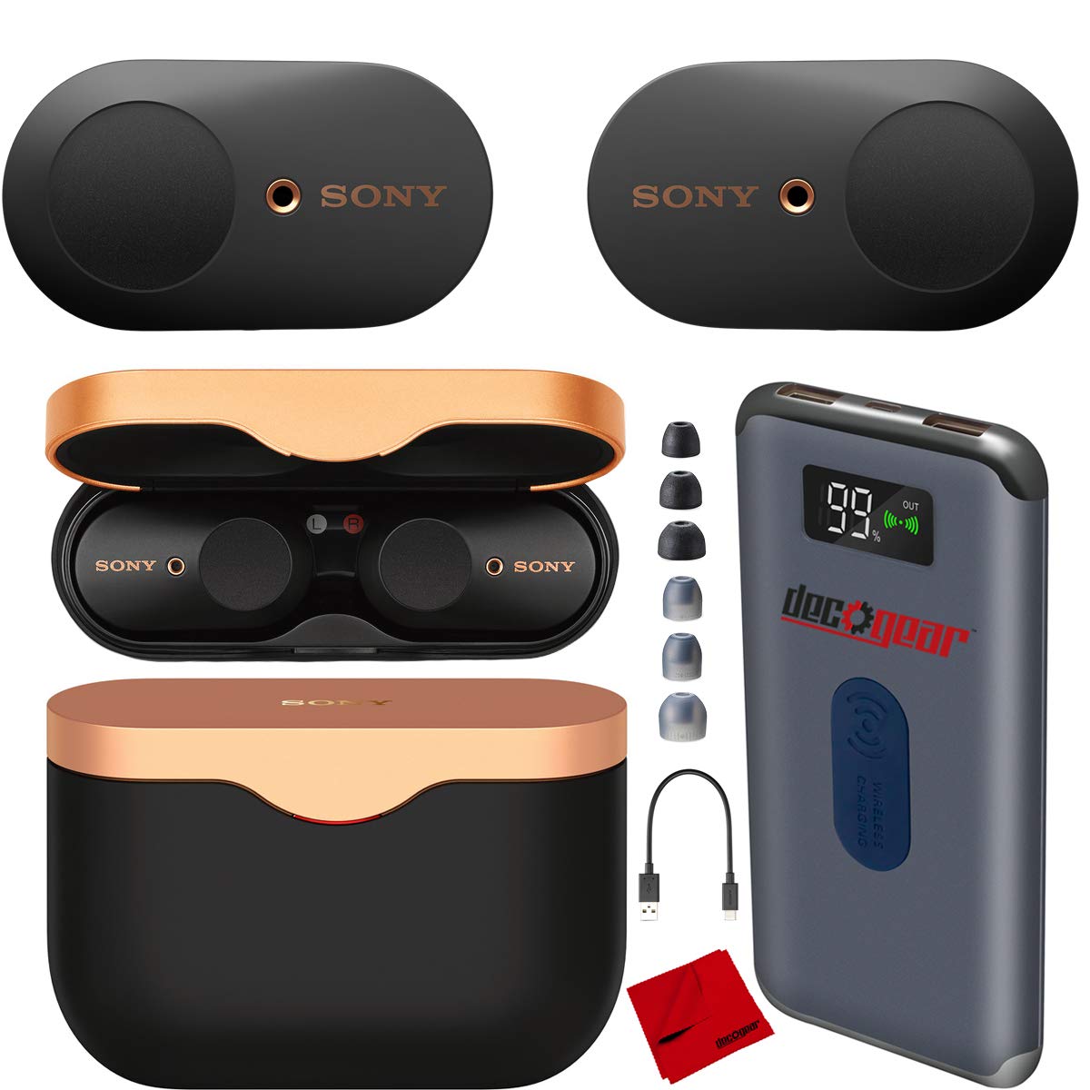 Sony WF-1000XM3 Truly Wireless Earbuds Headphones with Industry-Leading Noise Cancellation - Black WF-1000XM3/B with Charging Case Bundle Including Deco Gear Portable Charger + Headphone Cloth