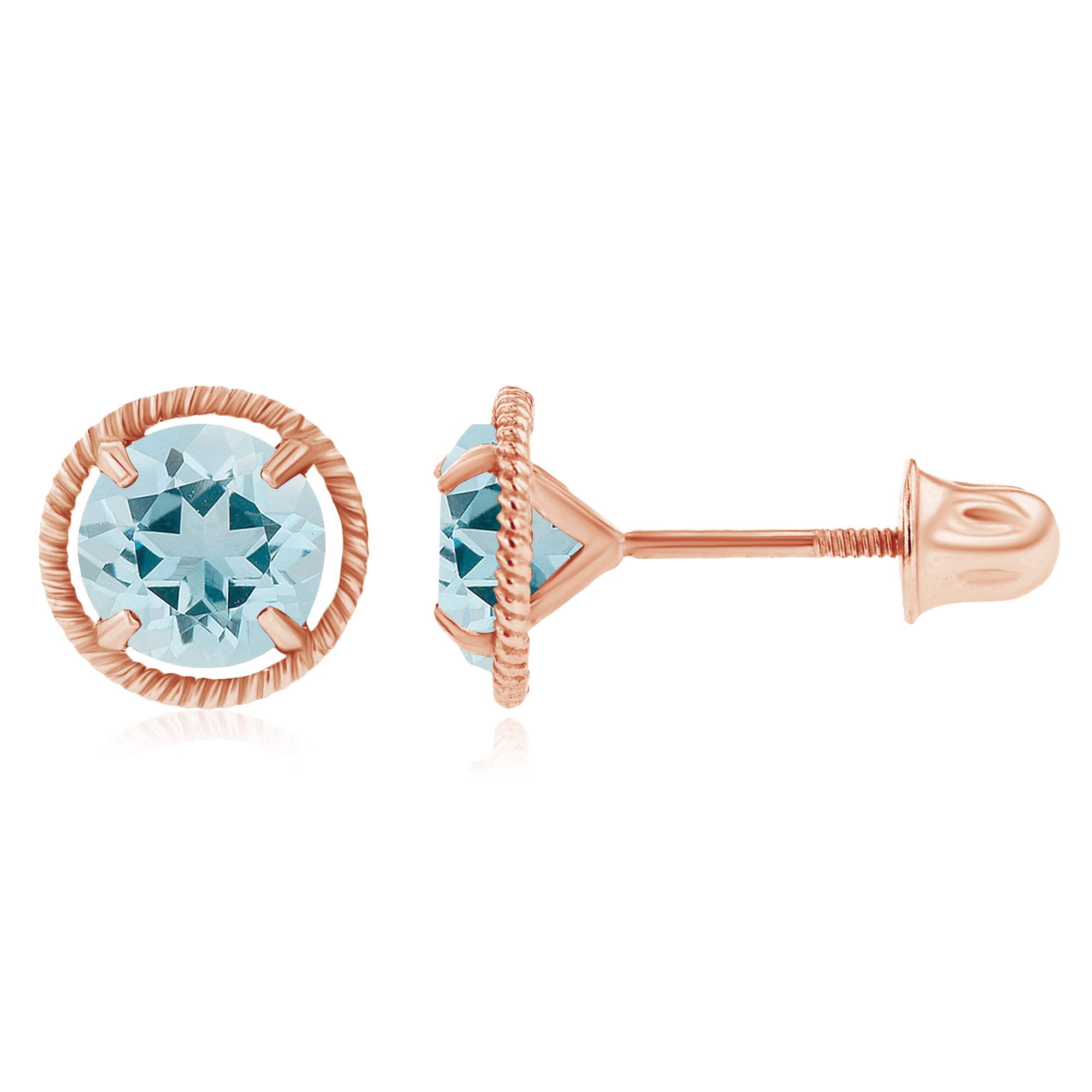 Solid 14K Yellow Gold 5mm Round Natural Aquamarine March Birthstone Martini Rope Screwback Earrings For Women