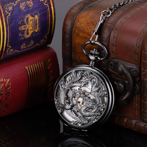 SIBOSUN Pocket Watch Antique Dragon Mechanical Skeleton Double Cover with Chain Men - Bronze Blue