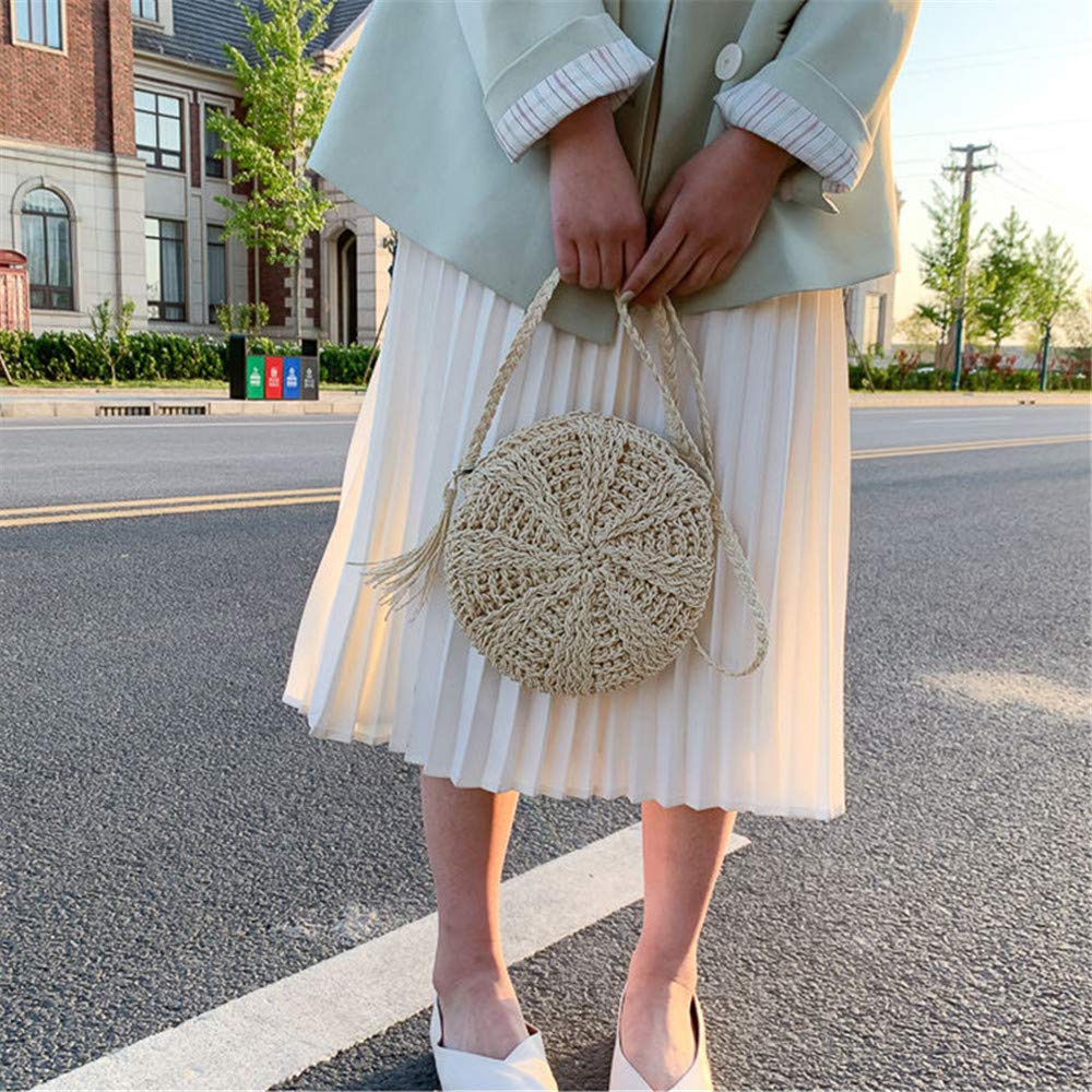 XMLMRY Straw Bag Women's Straw Clutch Purse Summer Beach Bags Envelope Wallet Woven Handbags(Small round bag-Khaki)