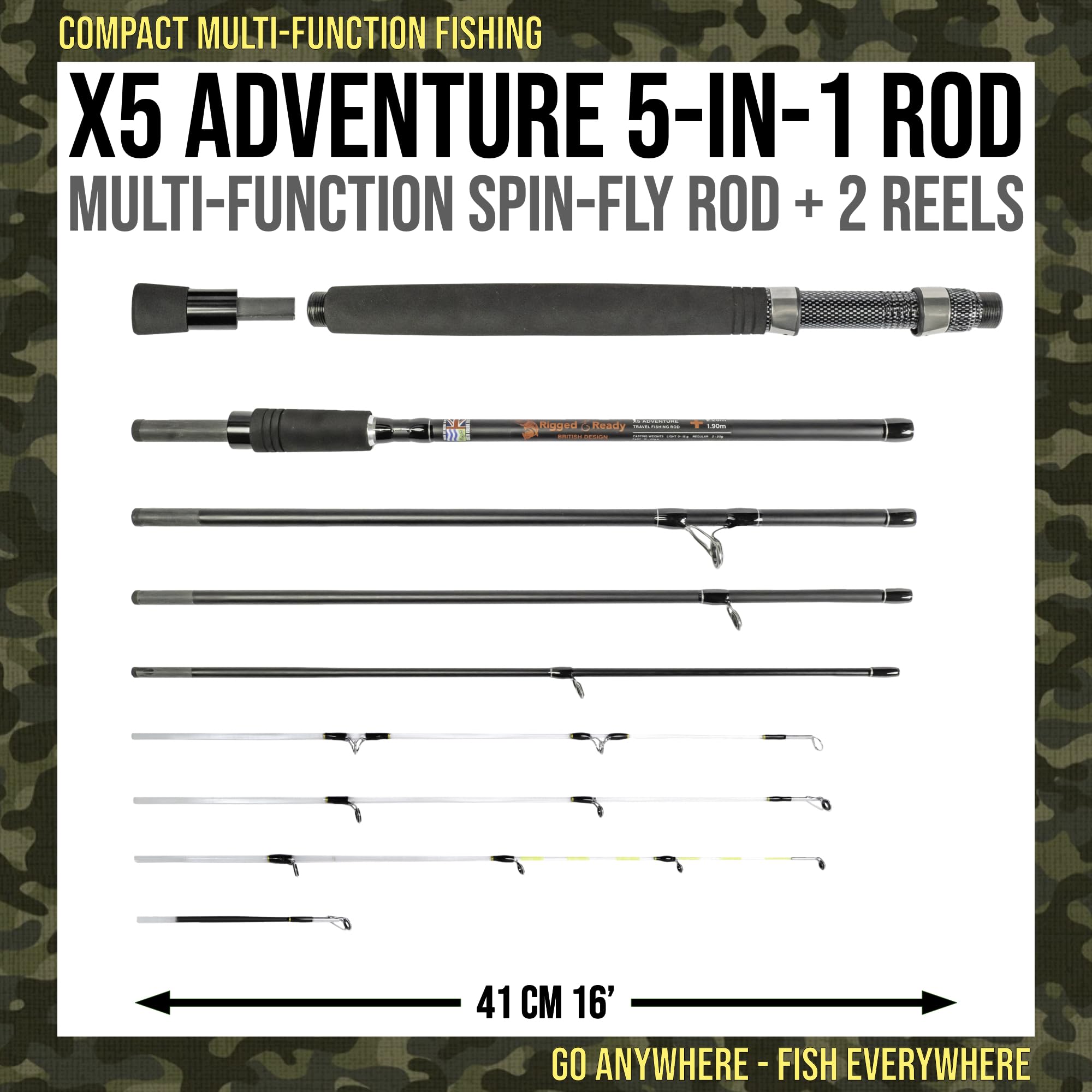 Rigged and Ready X5 Travel Fishing Combination.Super Compact,Carry Size 40cm(15.8β),Multi-Functional Rod+4 Tips,1 Spin Reel +1 Fly Reel + case. 1 Rod 5 Fishing Options.2.22m(7β 3β)+1.9m (6'3") Length