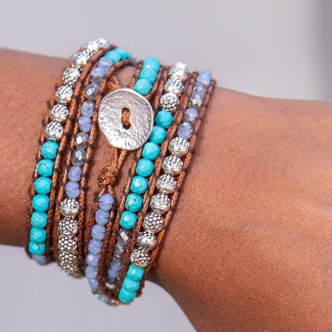 spirit wrist Turquoise Bead, Sky Crystals, Silver Zinc + Brown Kai Boho Wrap Bracelet