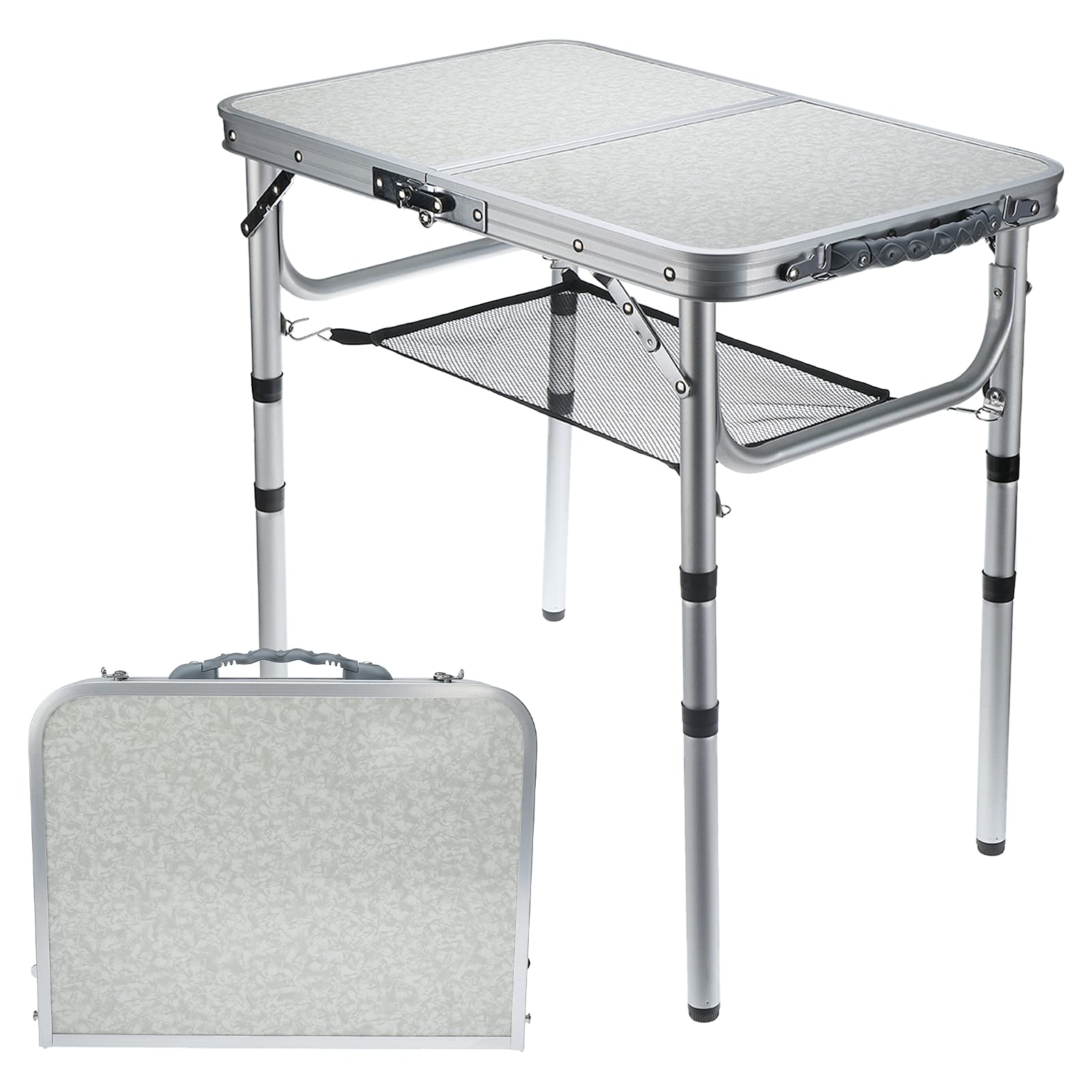 XMSound Folding Camping Table with Storage, Height Adjustable Portable Foldable Aluminum Camp Table, Lightweight Small Folding Table for Outdoor Indoor, Camp, Picnic, Beach