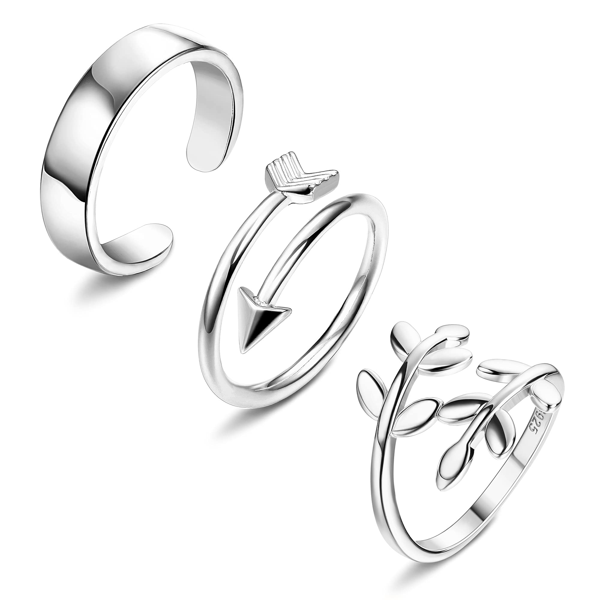 Ubjuliwa 3Pcs Sterling Silver Toe Rings for Women Open Toe Rings Set Soft Cuff Arrow Leaf Toe Ring Beach Adjustable Hawaiian Foot Gift Jewelry