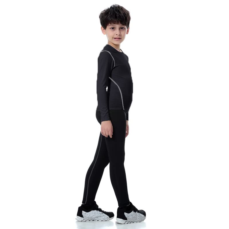 SANKE Boys Soccer Practice Long Sleeve Shirt & Pants 2PCS Compression Set, Black, 10