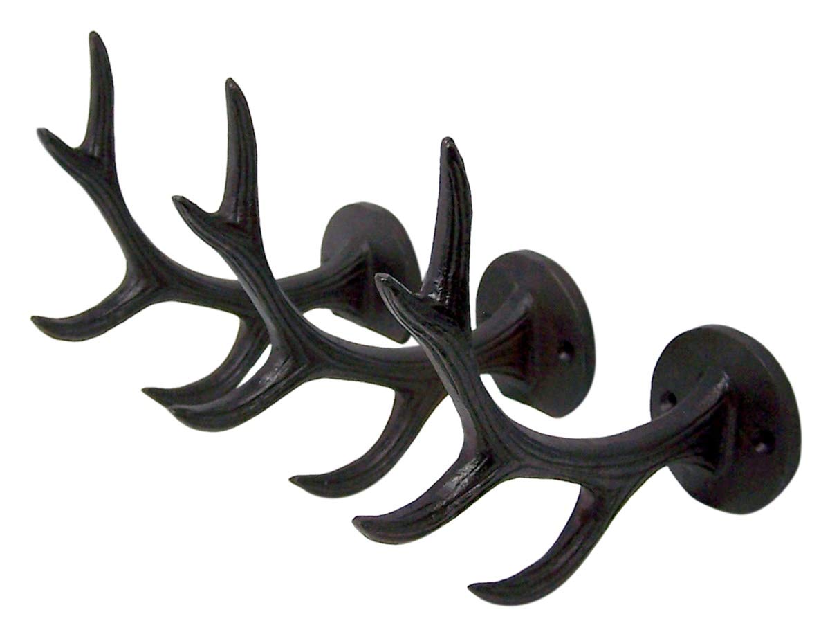 Wowser Four Point Dark Brown Deer Antler Cast Iron Wall Mount Coat Hooks, 5 1/2 Inch, Set of 3